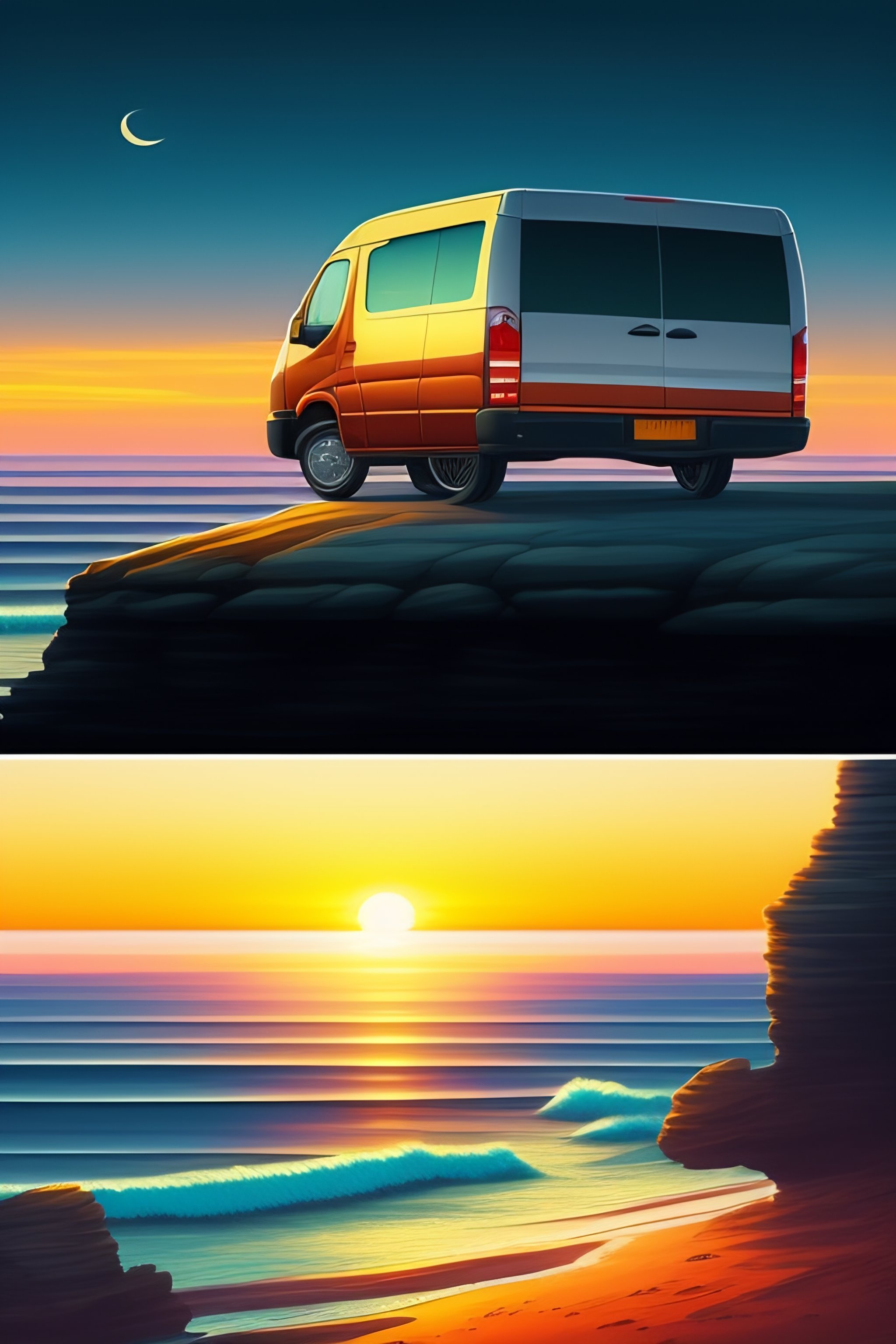 Lexica - A van on the edge of a cliff with a sunset over the sea, comic art