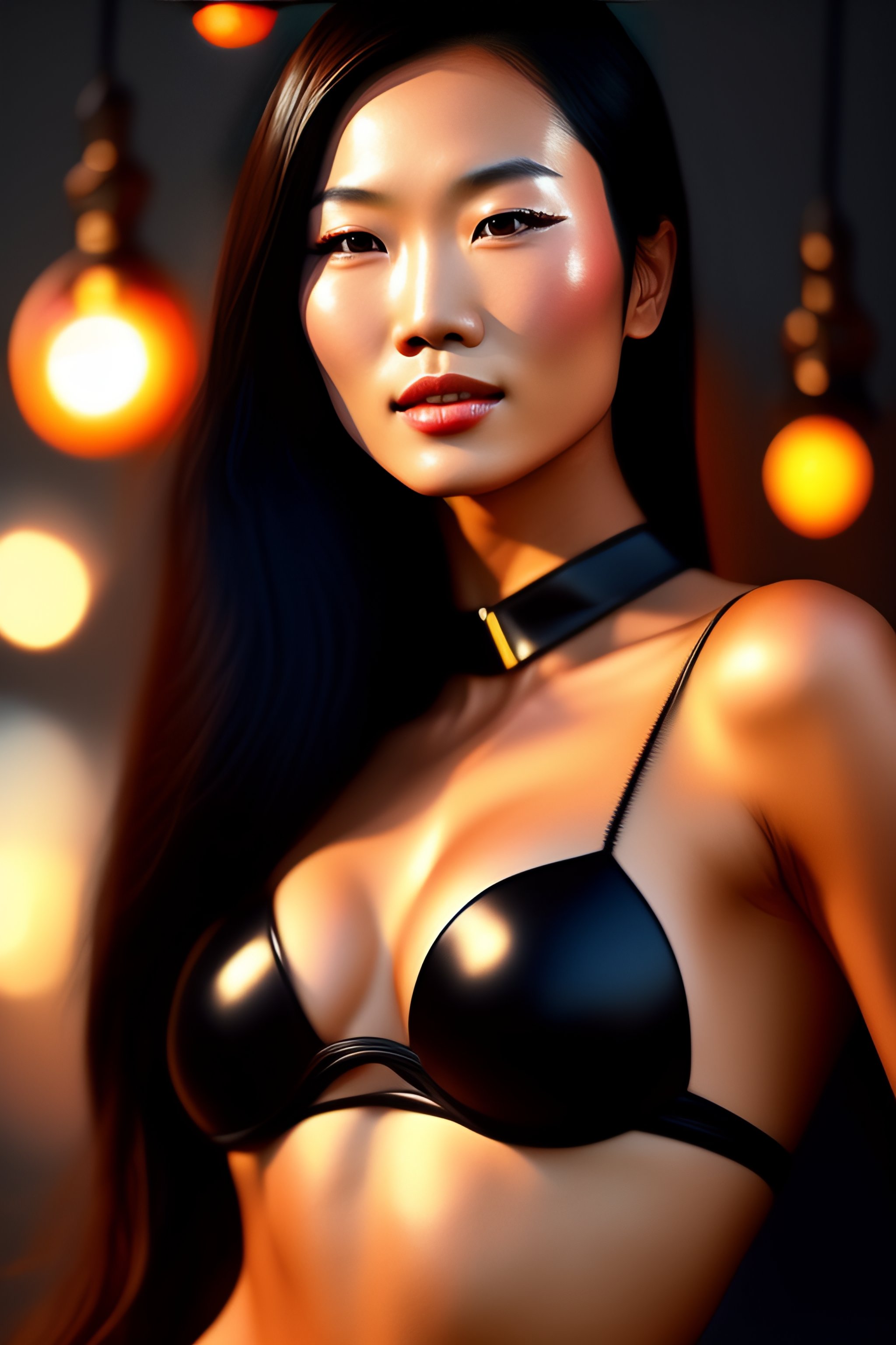 Lexica - Asian beauty, in small black leather bikini, sweat all over, revealing, tight, warm lights