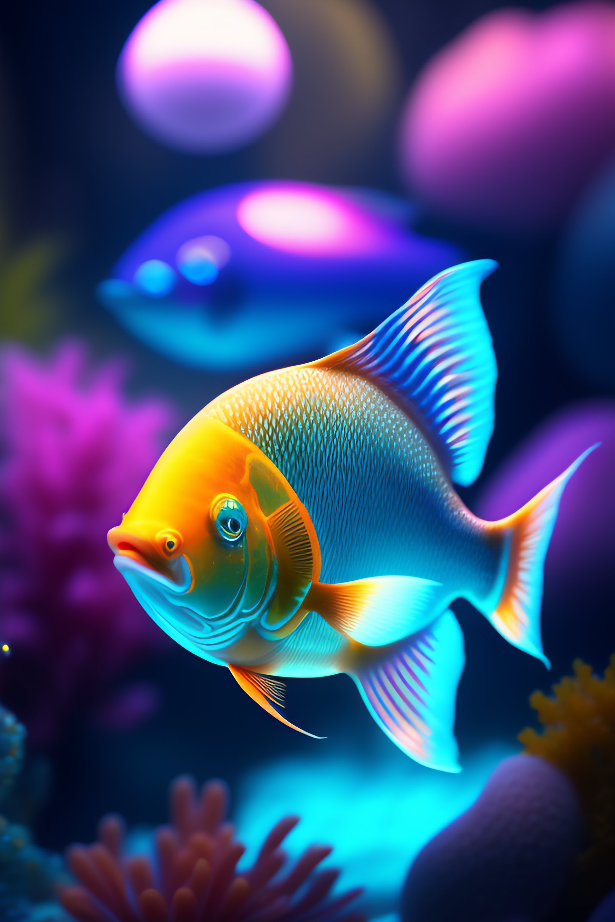 Lexica - Ultra hd! realistic, chrome, pastel glowing fish in a dark ...