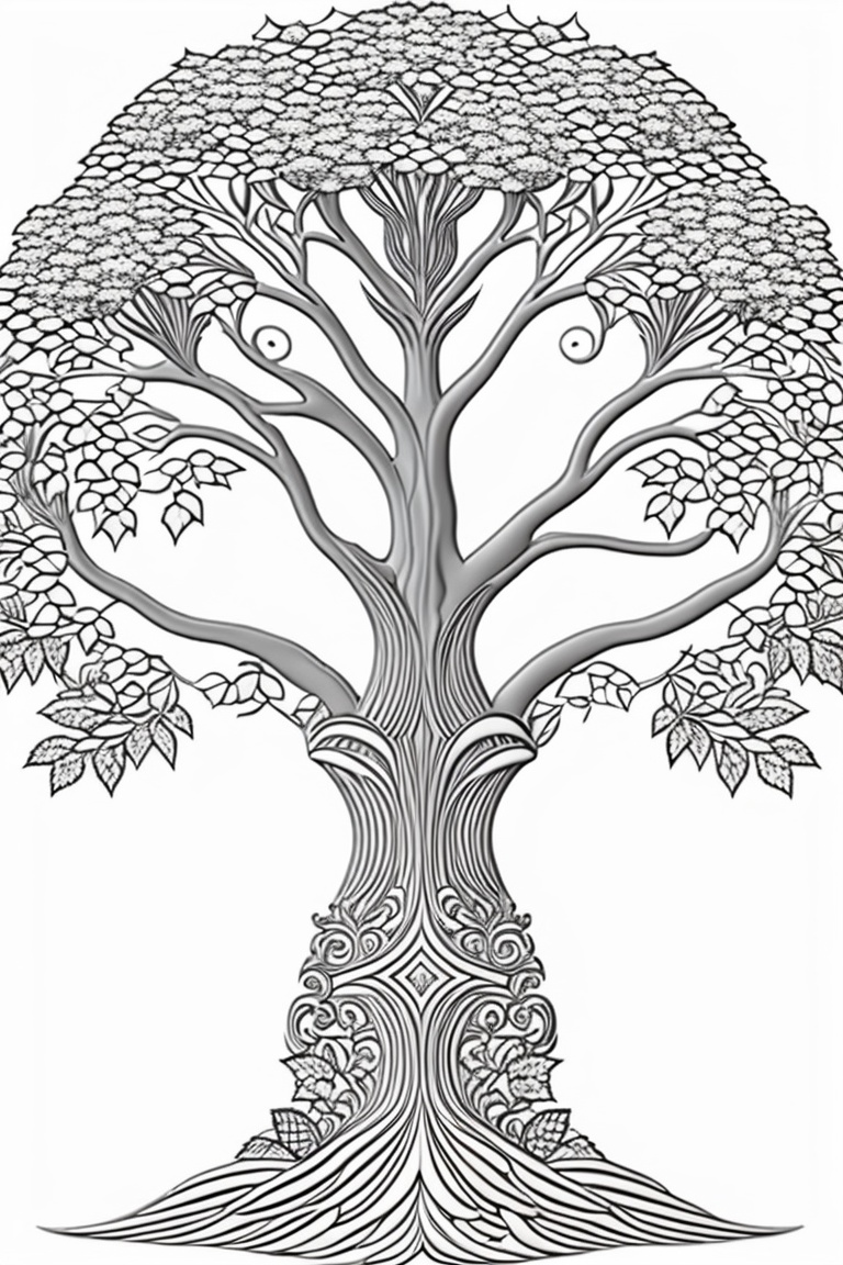 Lexica - Uncoloured white high resolution image of a wise old tree with ...