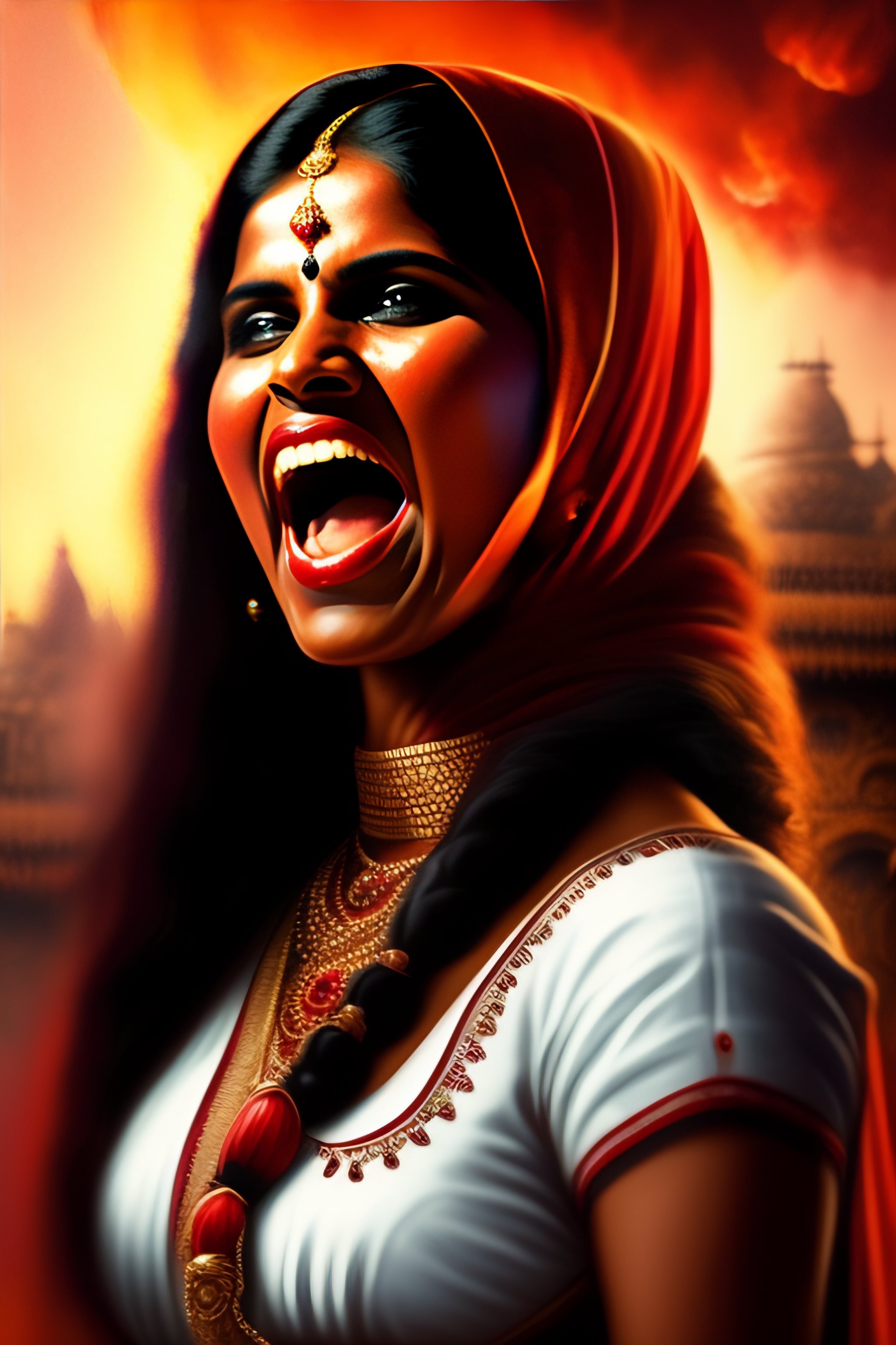 Lexica - An Indian woman, demonic eyes, mouth open showing fangs, blood ...