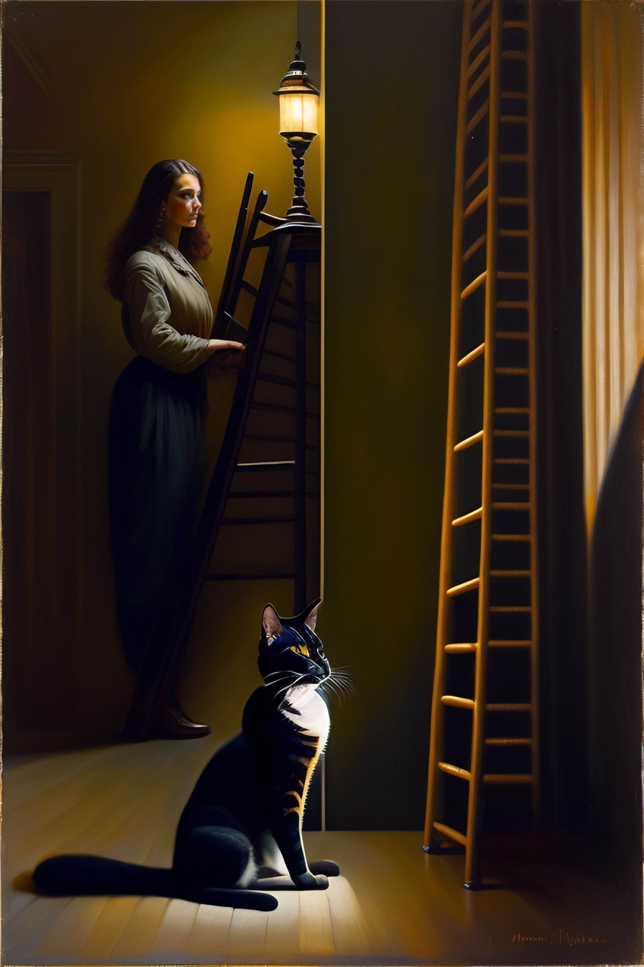 Lexica - Woman kneeling next to a ladder dynamic pose, next to a black ...