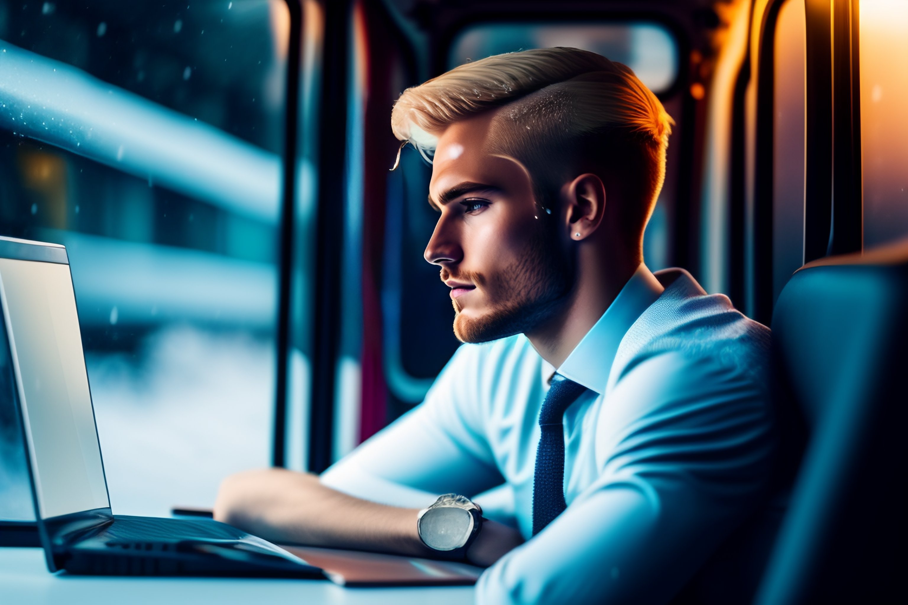 Lexica - Blond hipster programer working in a bus, on a laptop in a ...