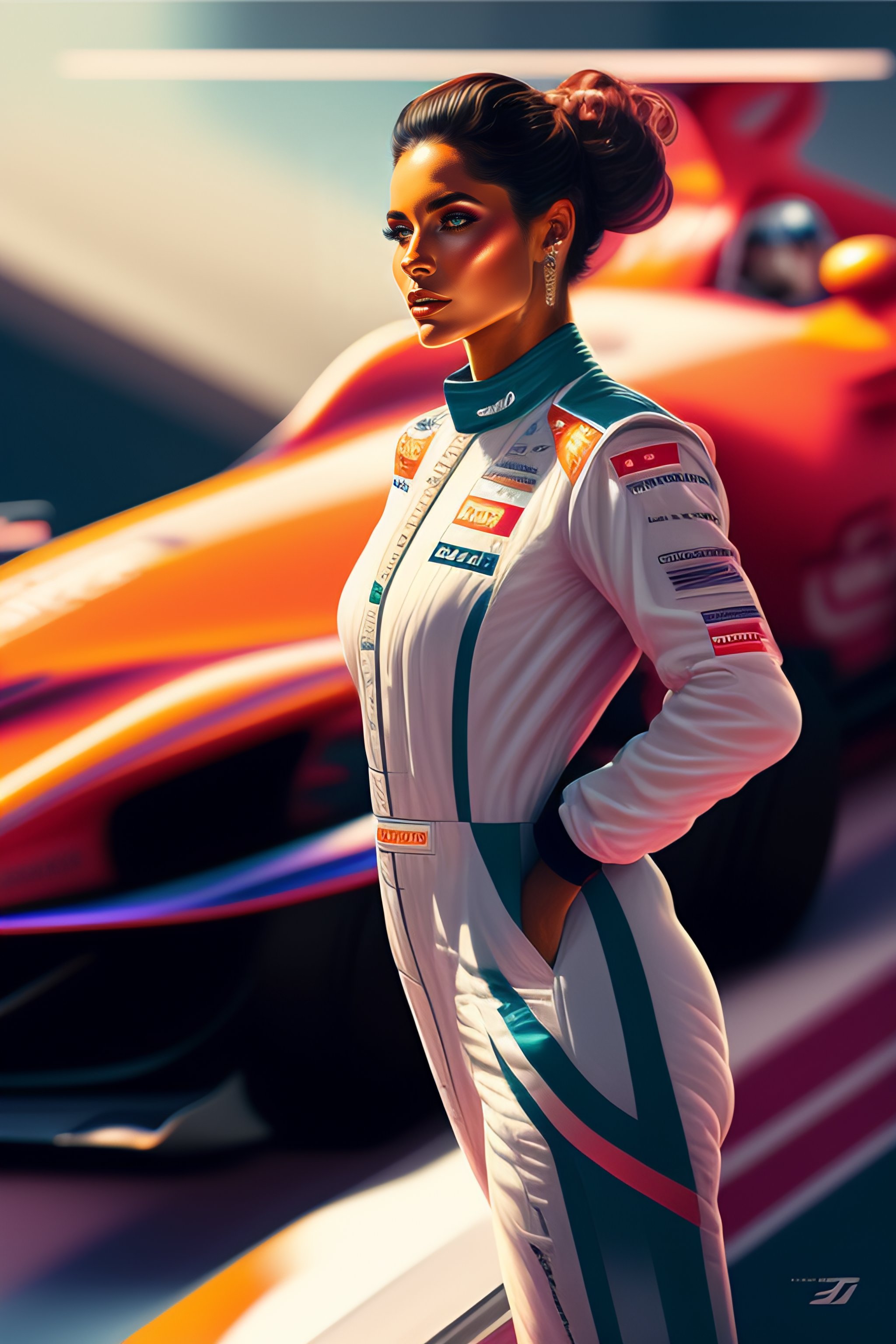 Lexica - "Female F1 driver in a floral jumpsuit mid-race" by Syd Mead ...