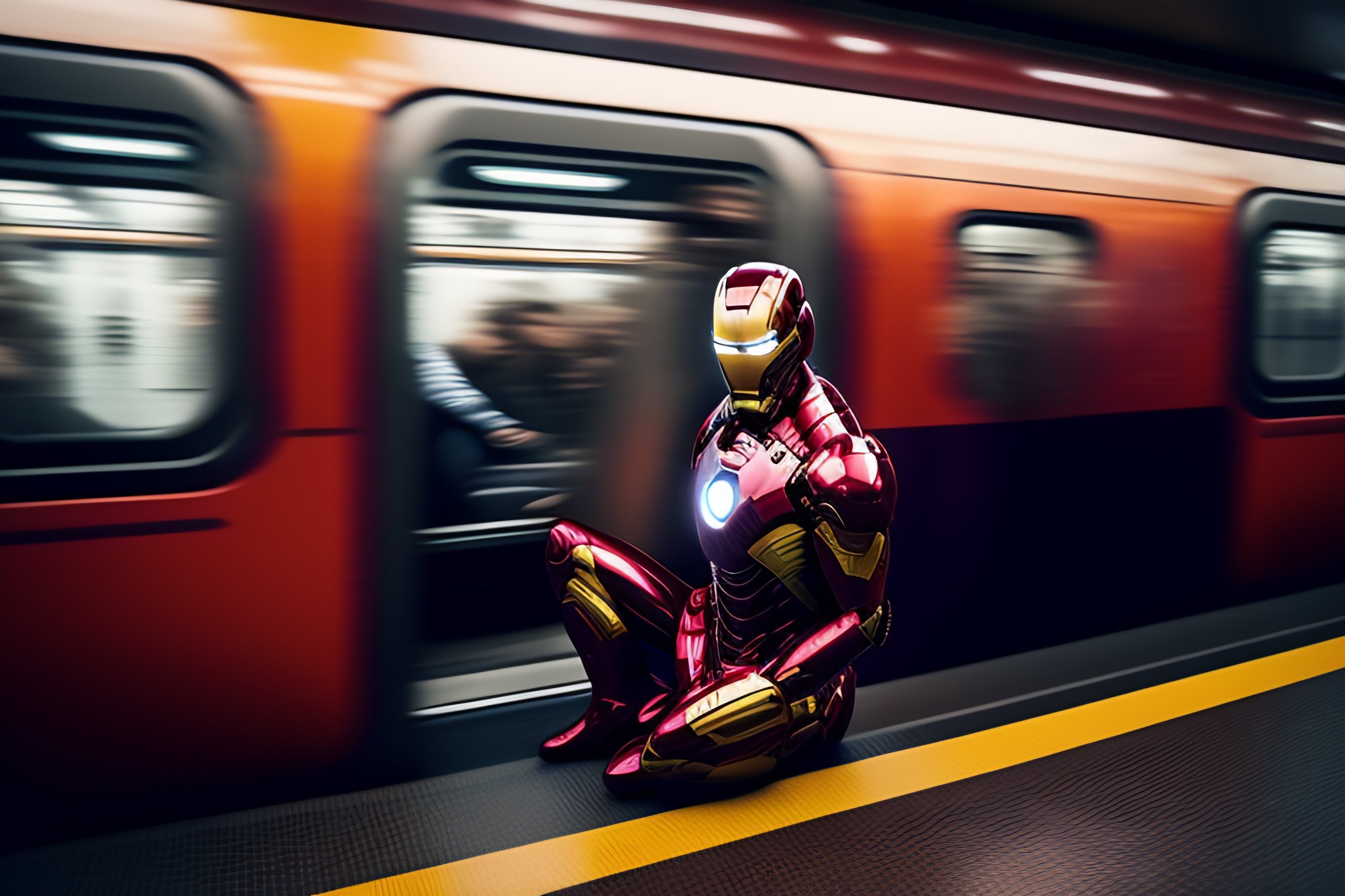 Lexica - Iron Man sitting in the London Underground train during rush ...