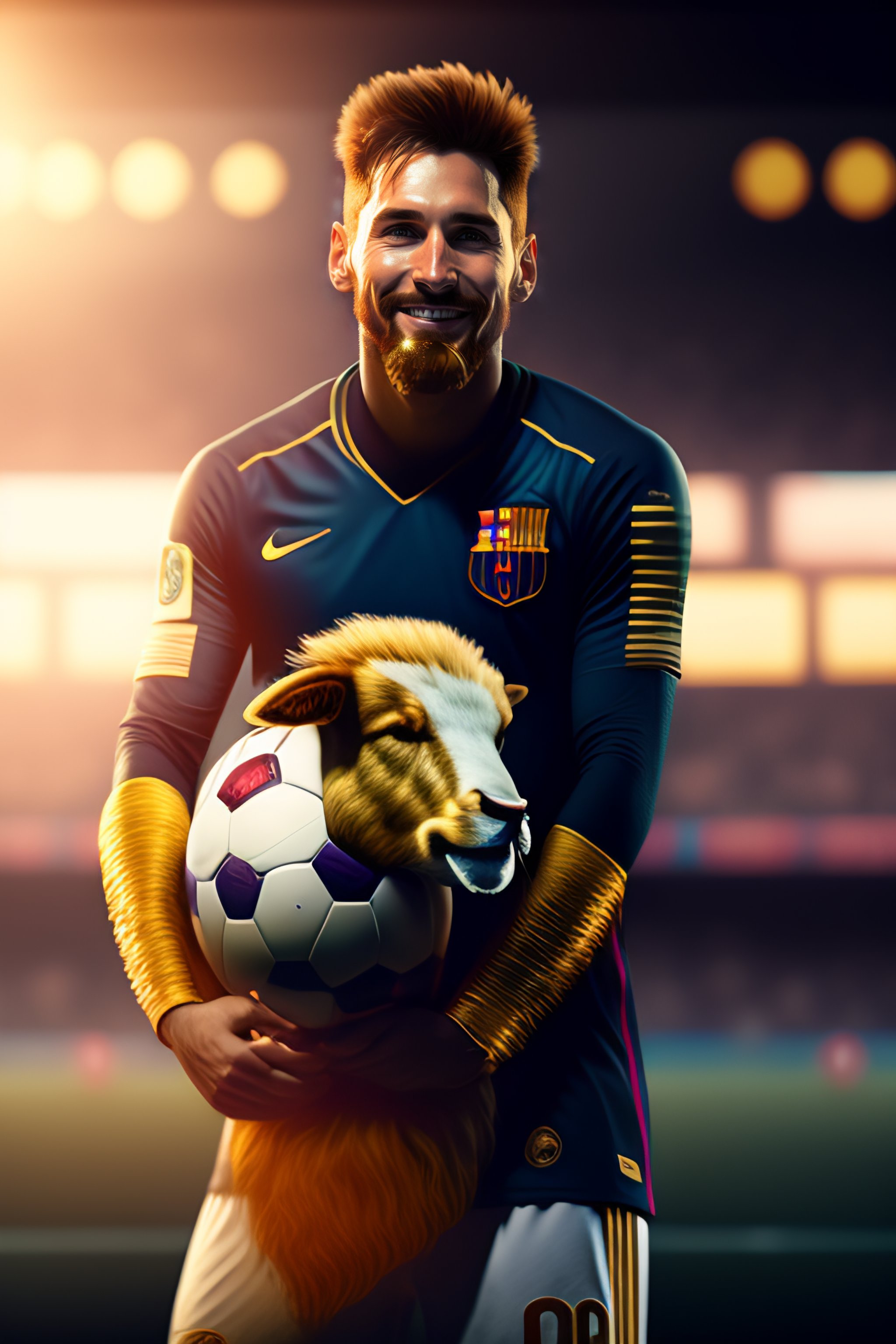 Lexica - Portrait of messi holding a golden goat in a soccer stadium ...