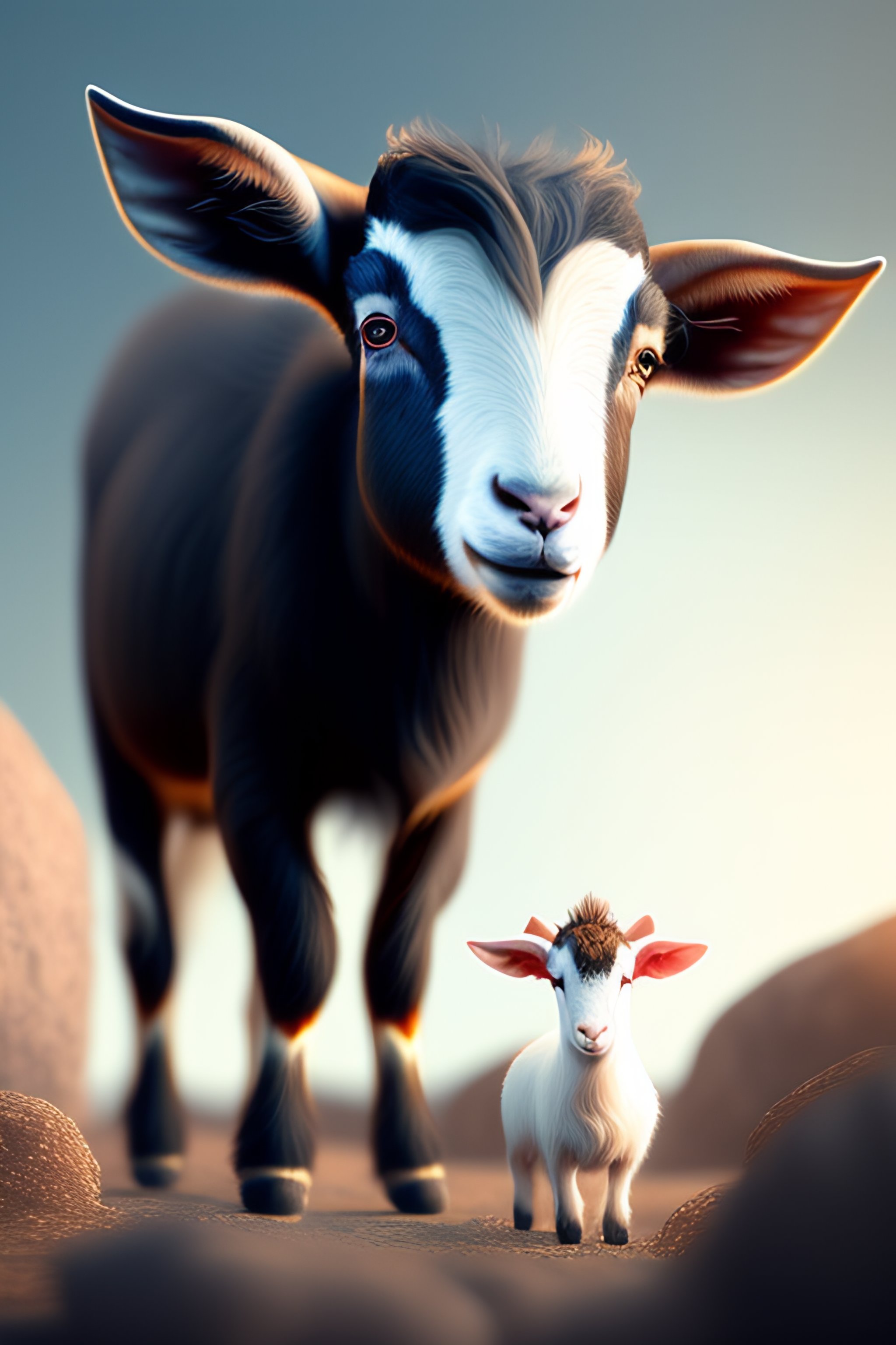 Lexica - A very cute tiny goat small as an ant face to face with a huge ...