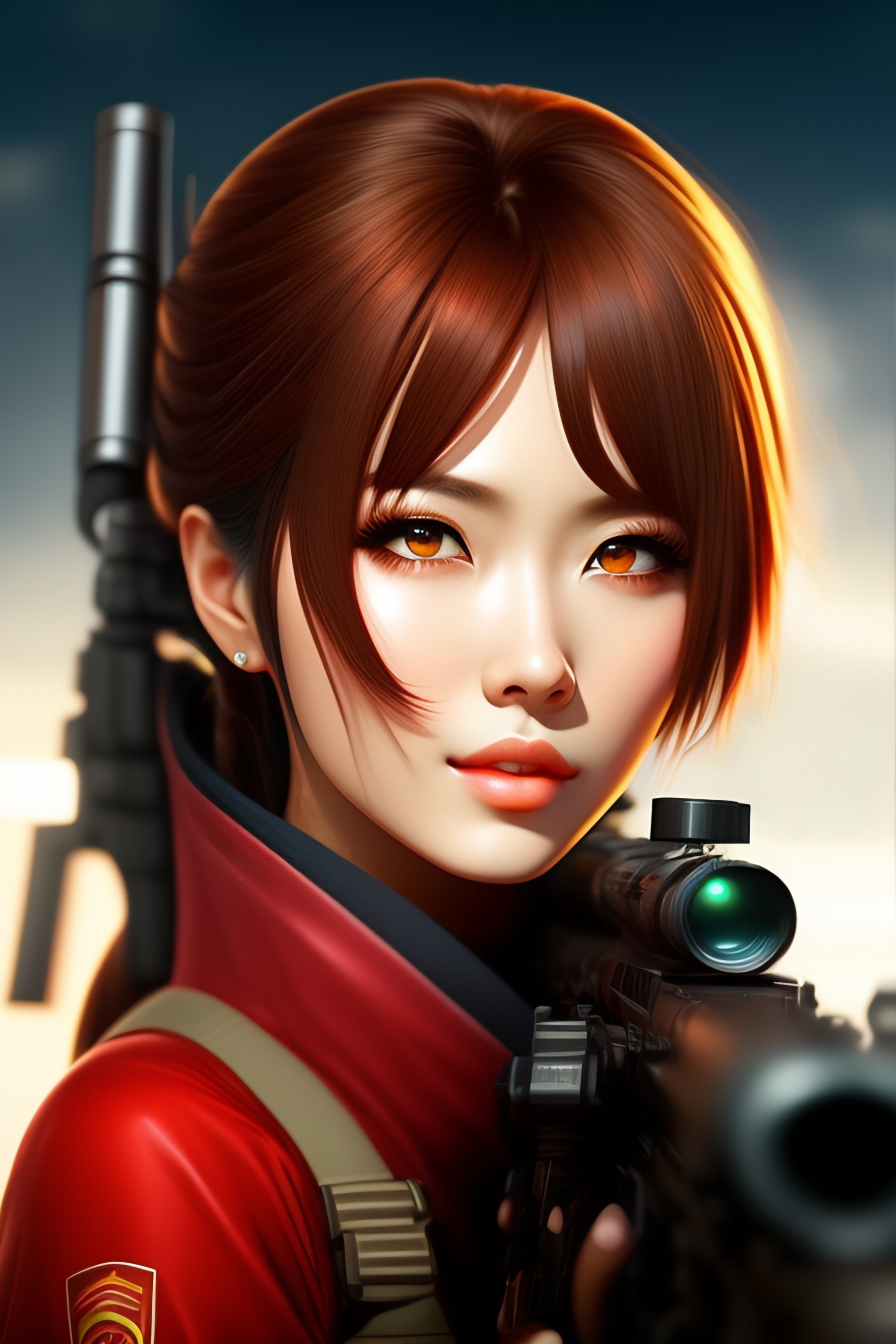 Lexica - Anime girl, brown hair, red eyes, holding a sniper rifle