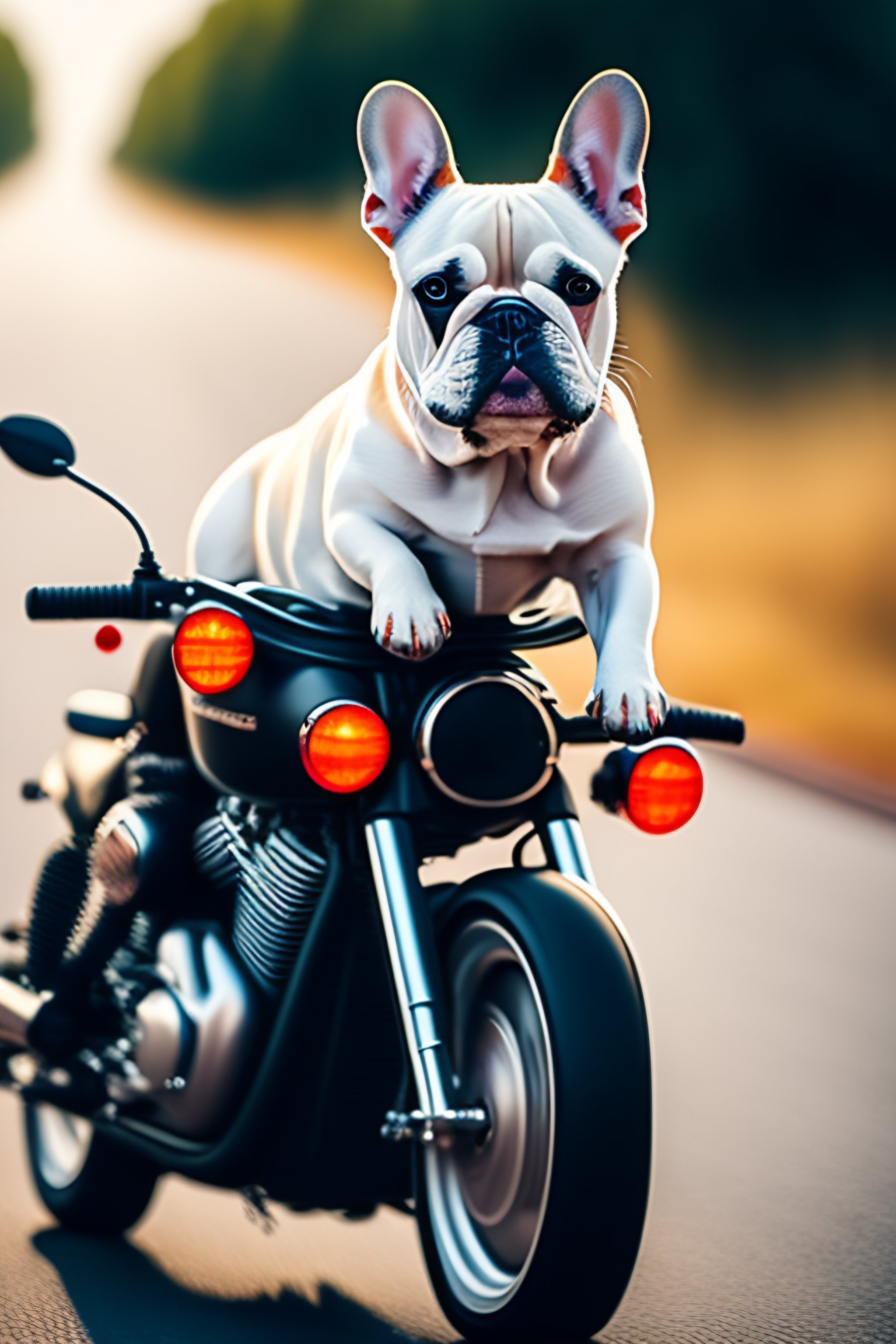 Lexica - A white french bulldog riding a motorbike