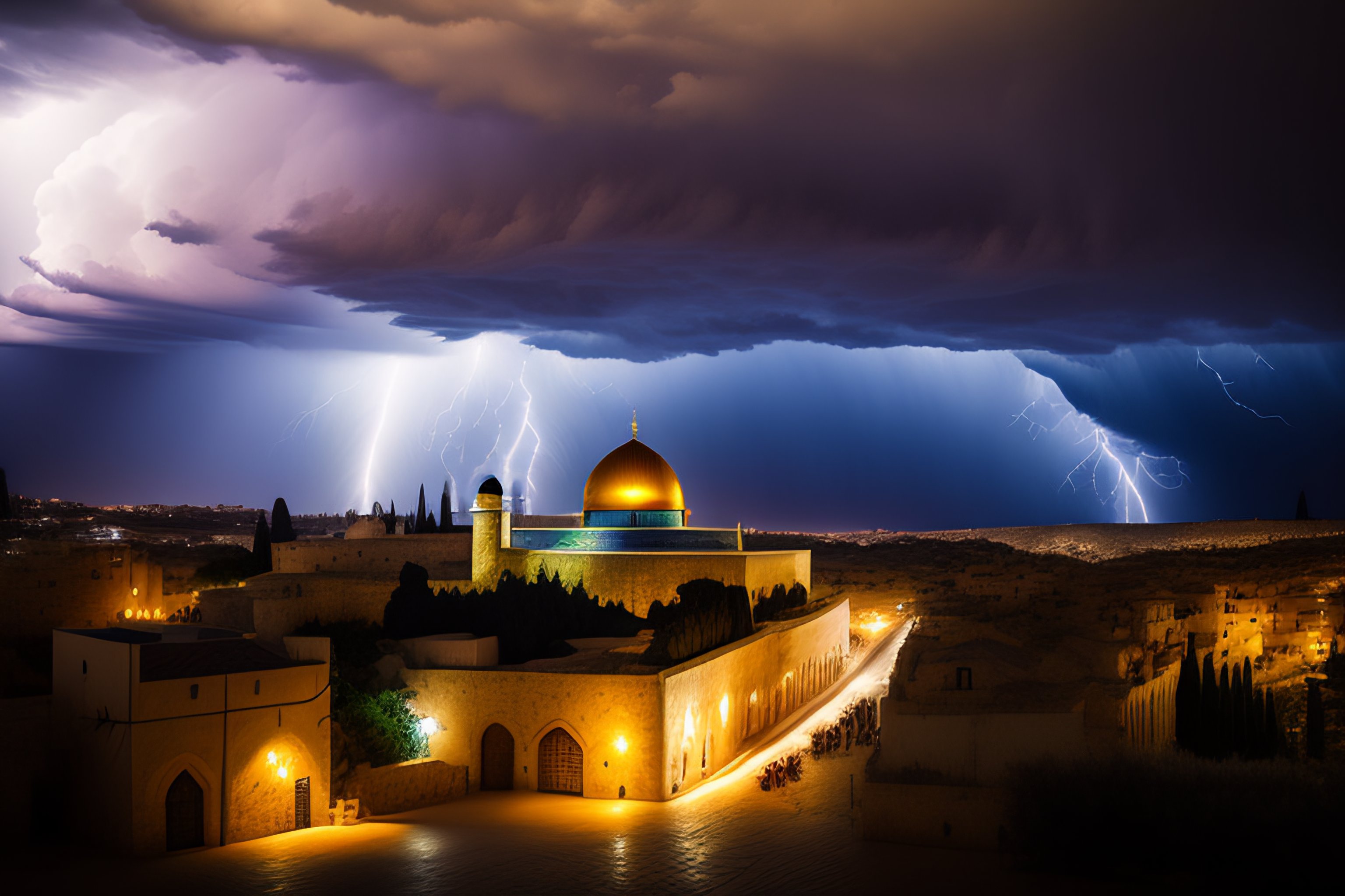 Lexica - Old city of Jerusalem dramatic storm lightning surreal