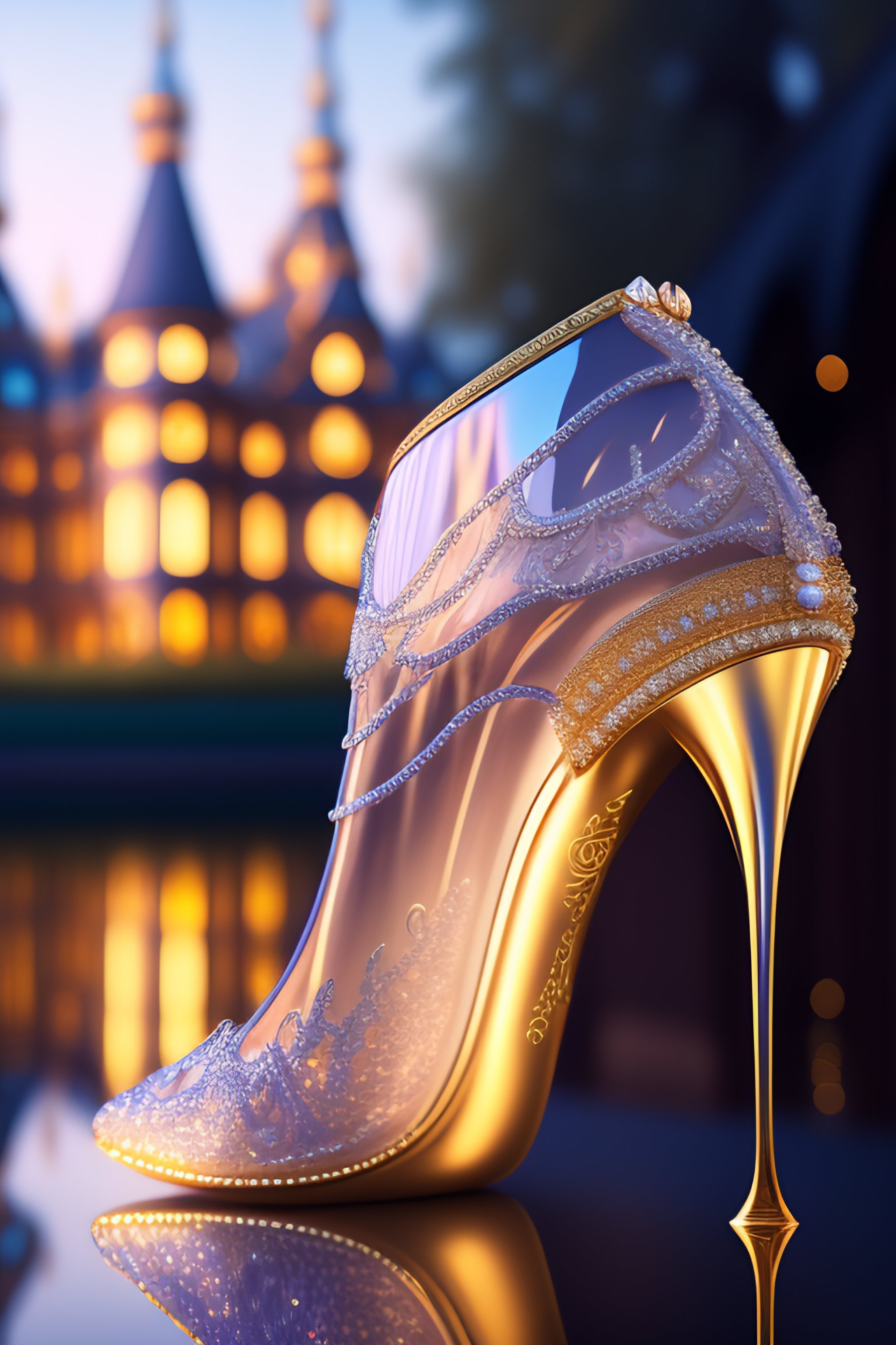 Lexica - Shiny clear intricate high heel shoe in front of a castle, 8k ...