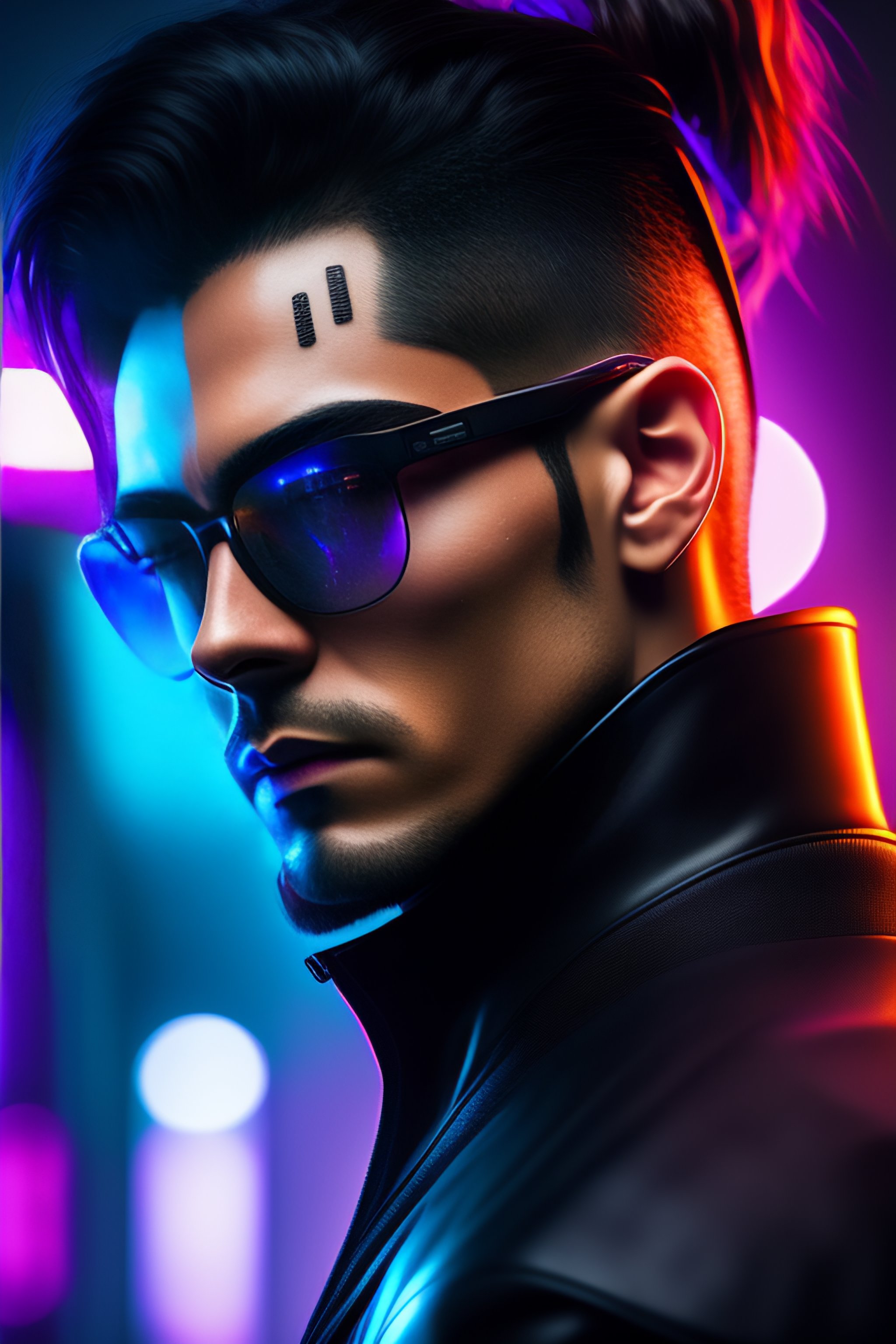 Lexica - Cyberpunk, man, dark hair, ponytail, black glasses, black coat ...