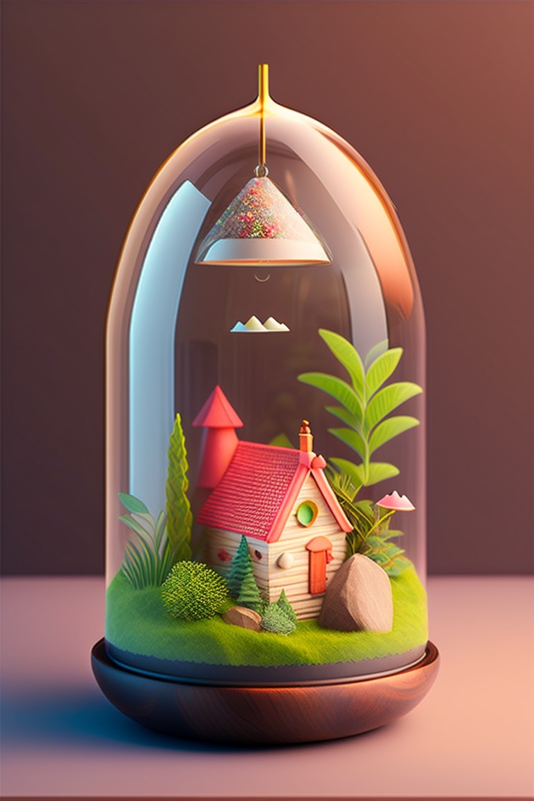 Lexica - Cute terrarium with a little mushroom, a small cat and a house