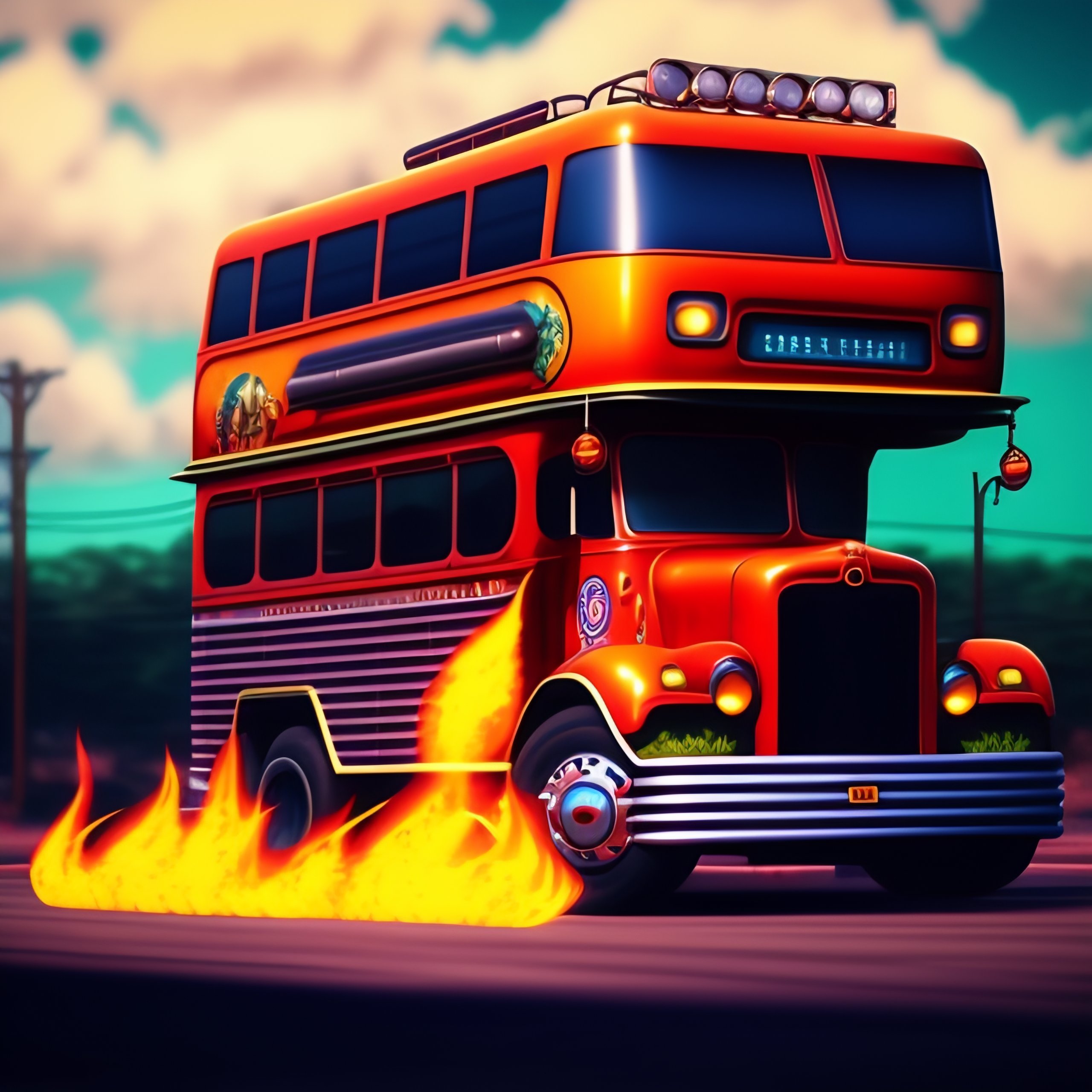 Lexica - Vintage 90's anime style, twisted metal, clown bus, flames