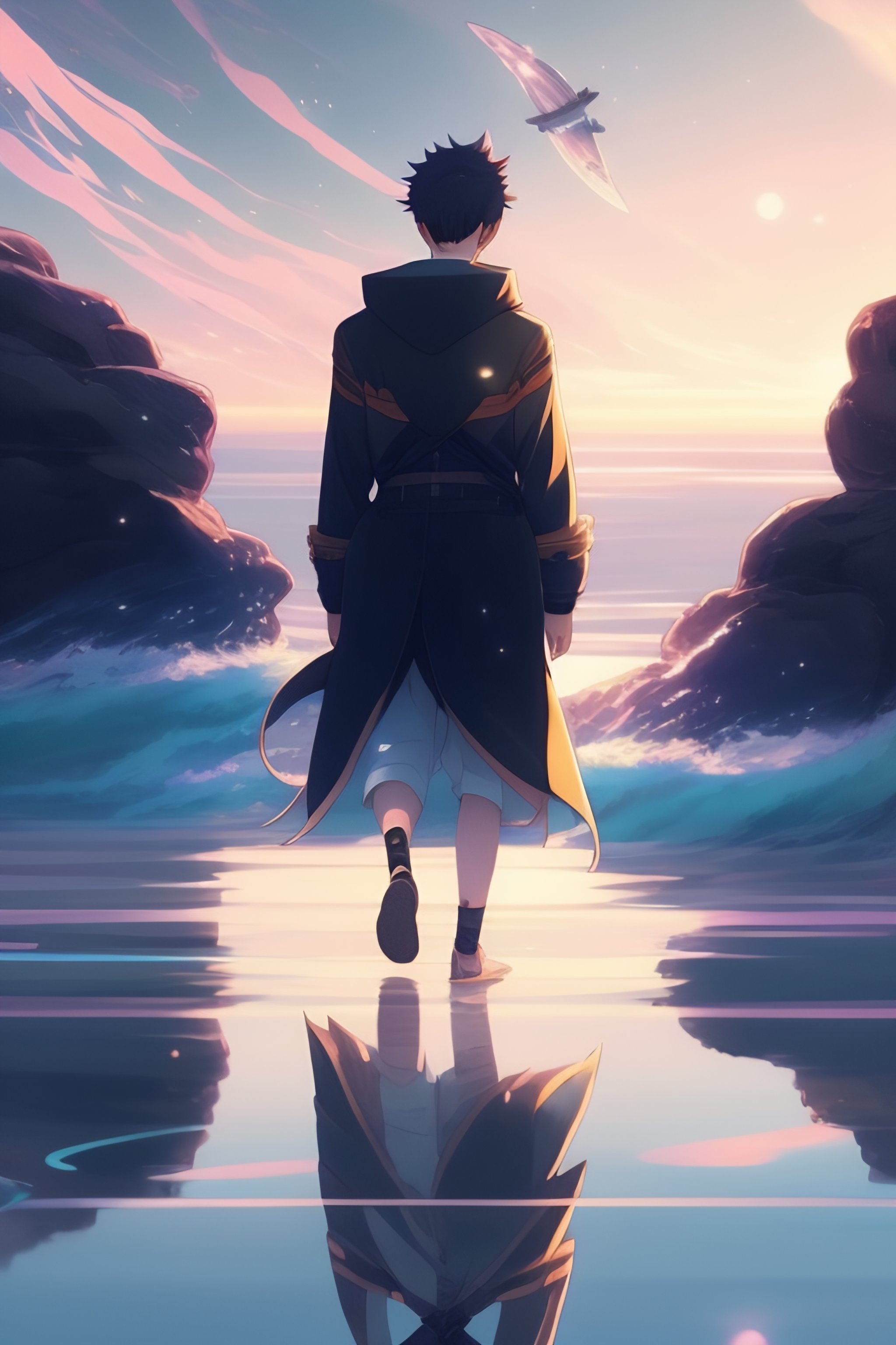 Lexica - Anime boy walking on water, ripples, backdrop of dawn, saturn ...