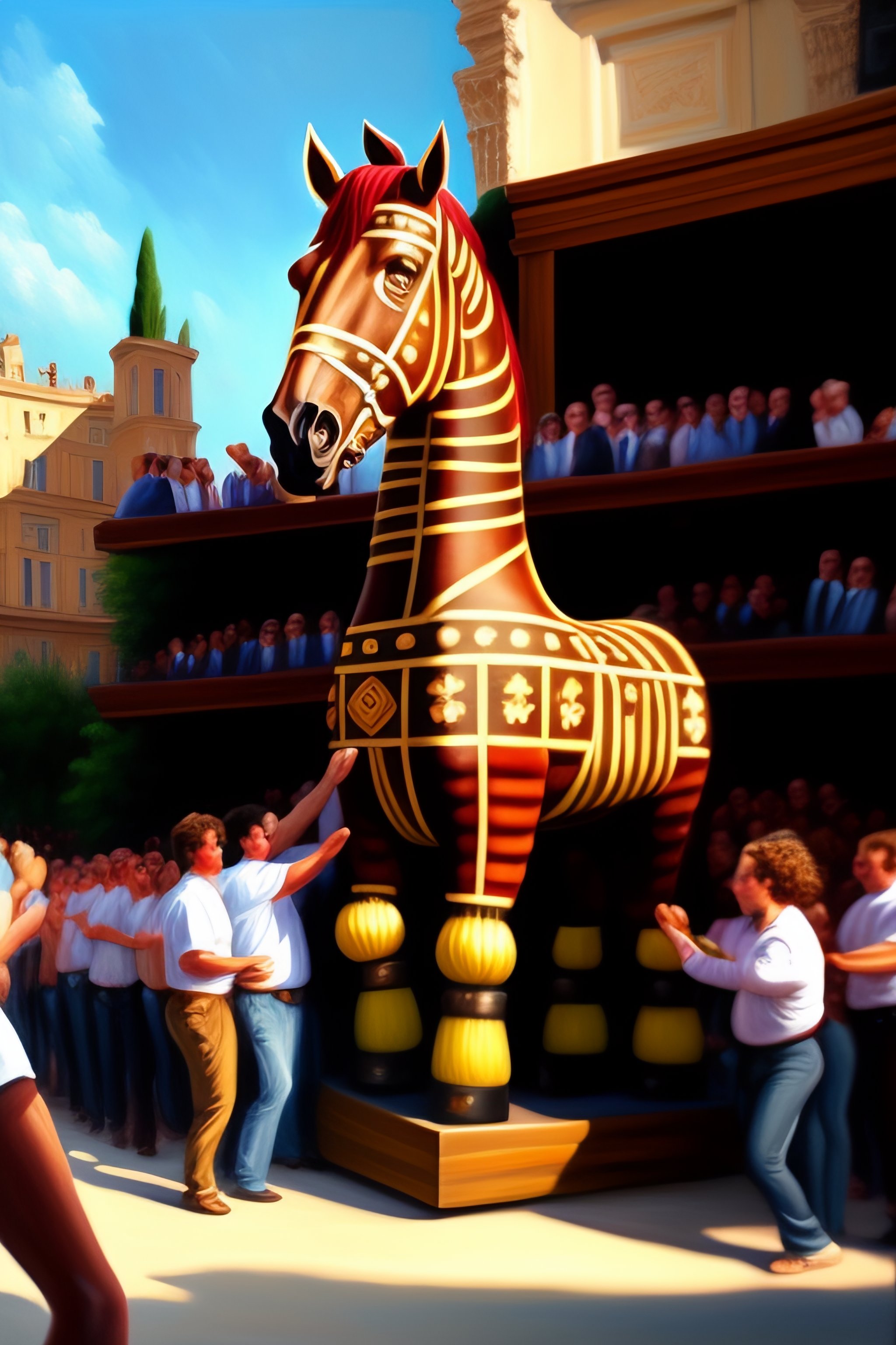 Lexica - Realistic painting of the wood Trojan horse, as going in Troy ...