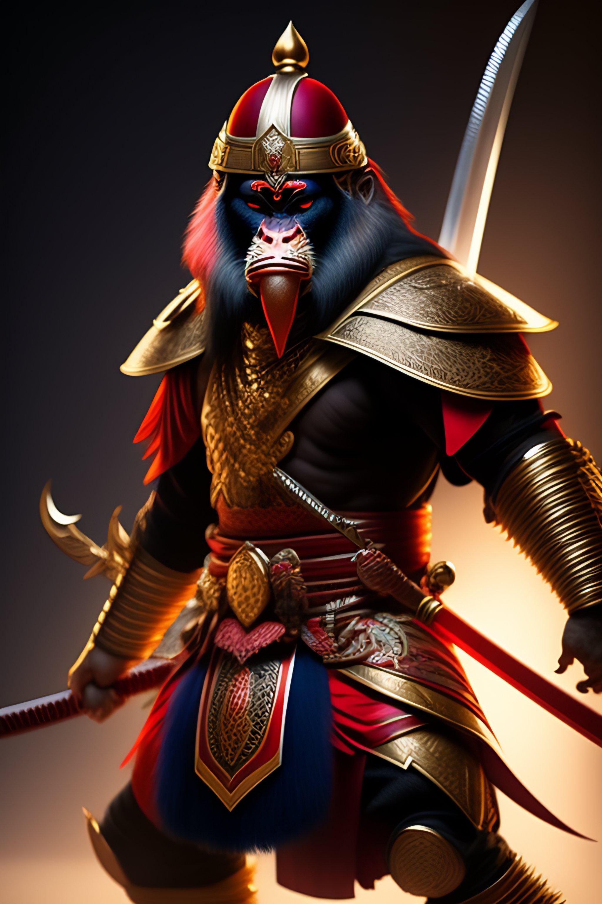 Lexica - Award-winning photo of a Mandrill samurai, red eyes, holding ...
