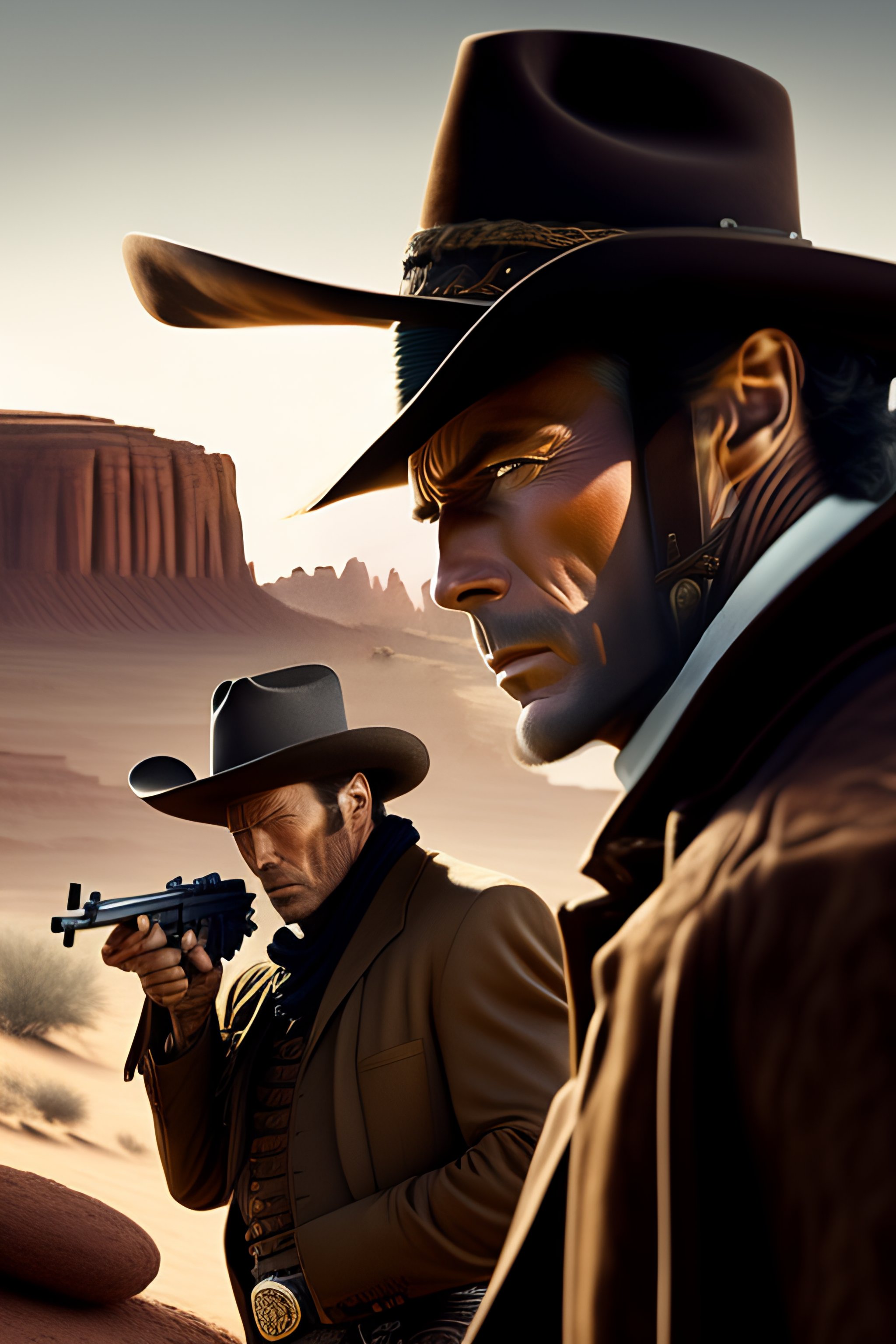 Lexica - Portrait shot of clint eastwood western cowboy firing revolver ...