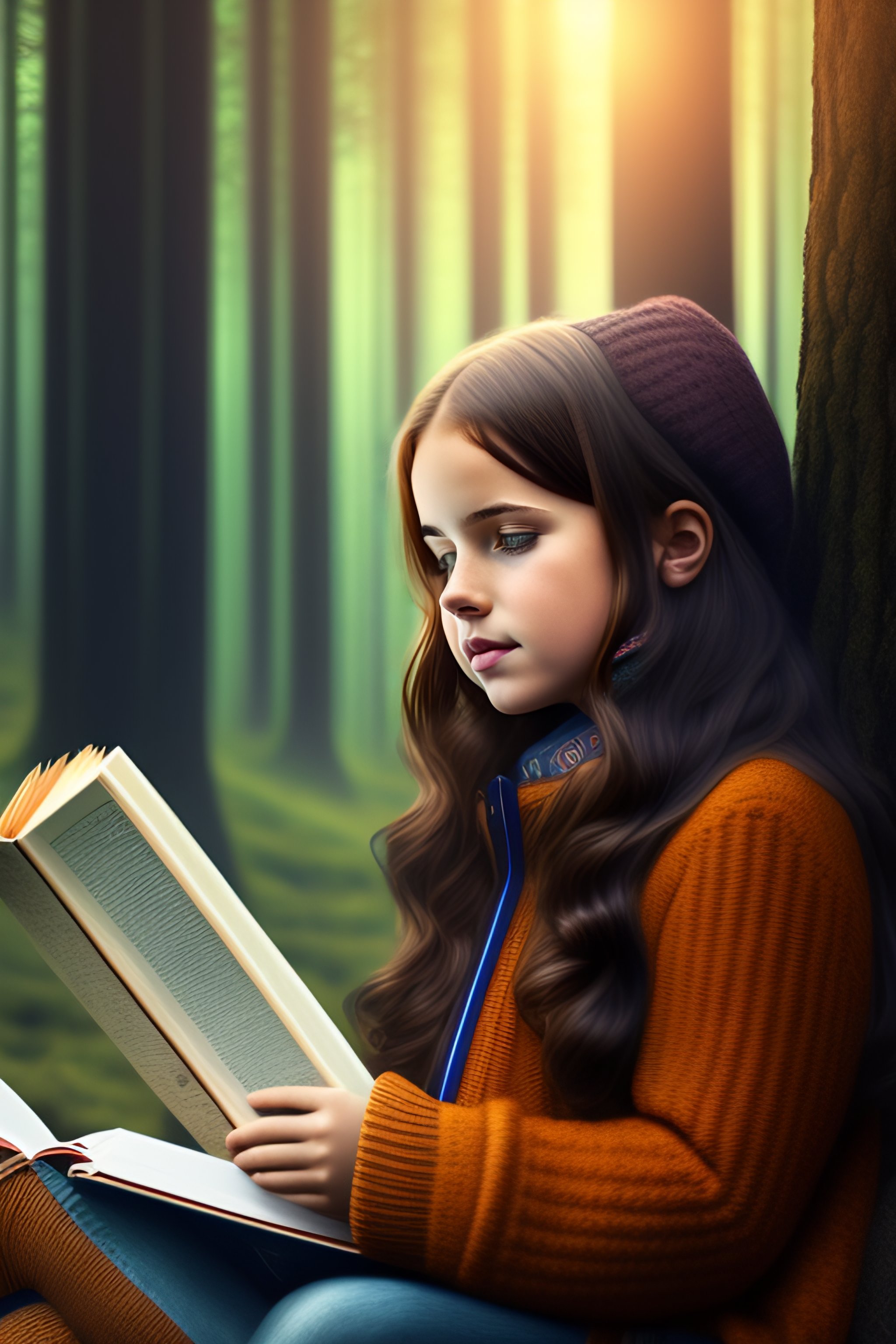 Lexica - A girl with brown hair reading a book, forest
