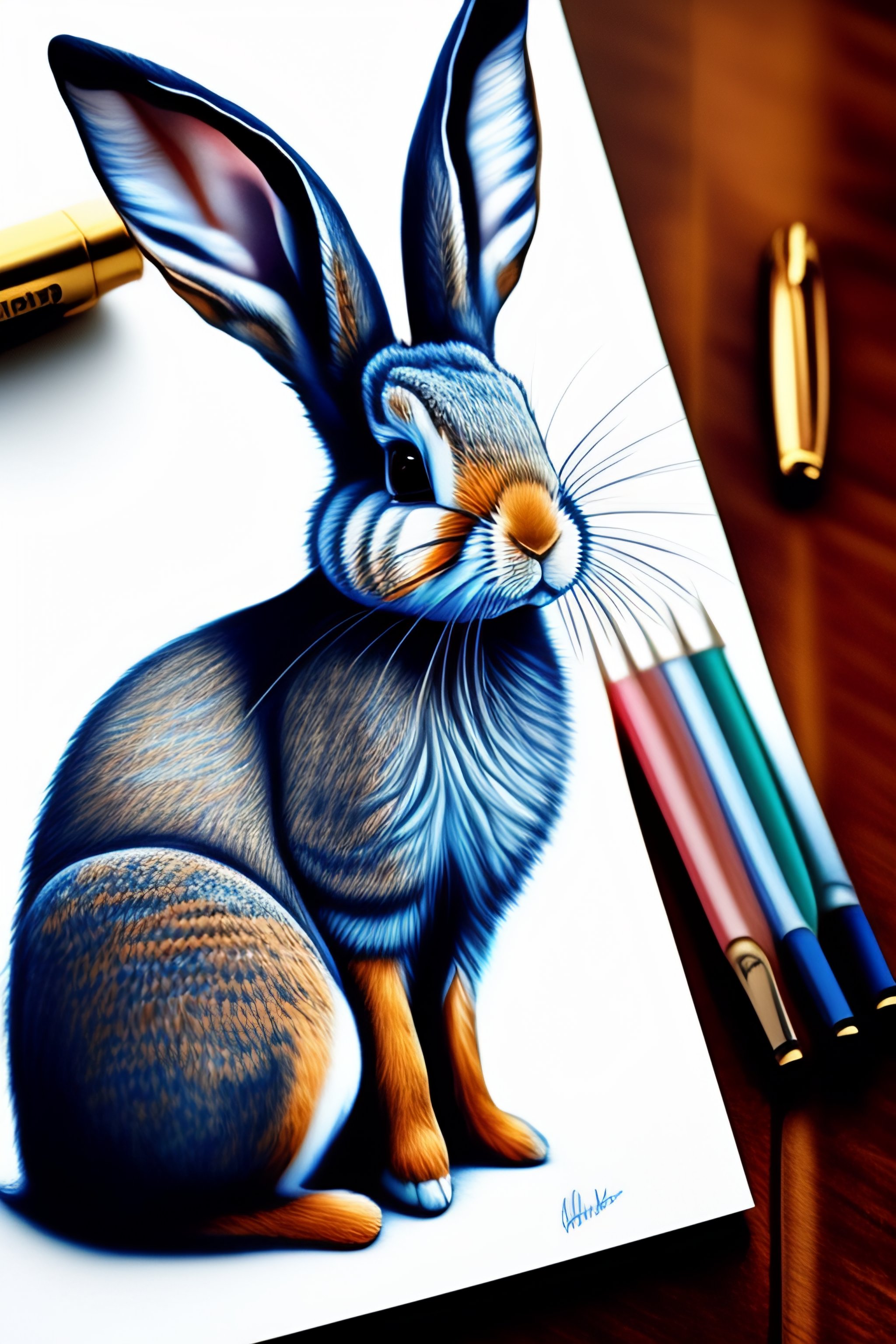Lexica - Scribble art with pens and pencils next to the paper with cute realistic rabbit