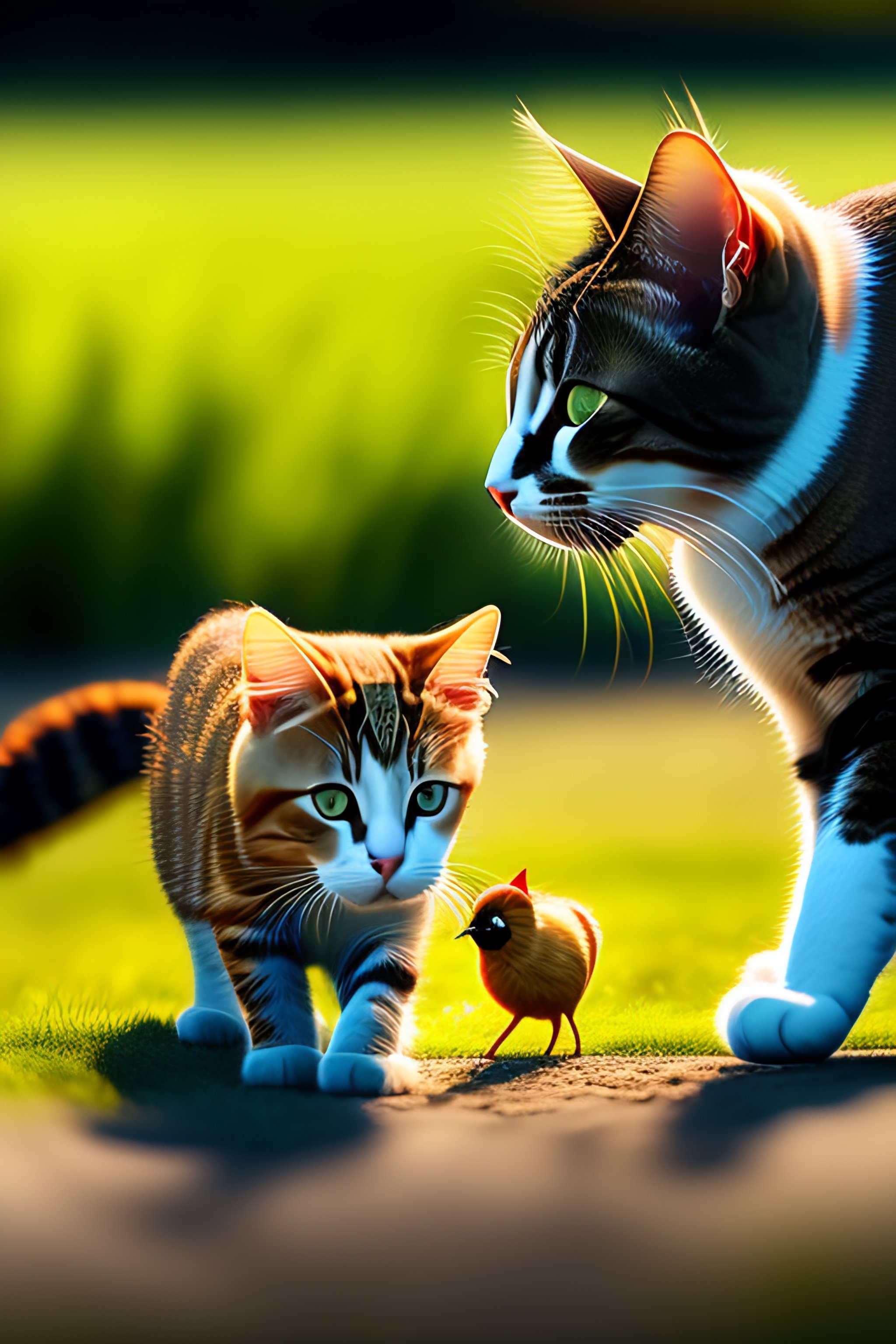 Lexica - Cat and bird playing on grass