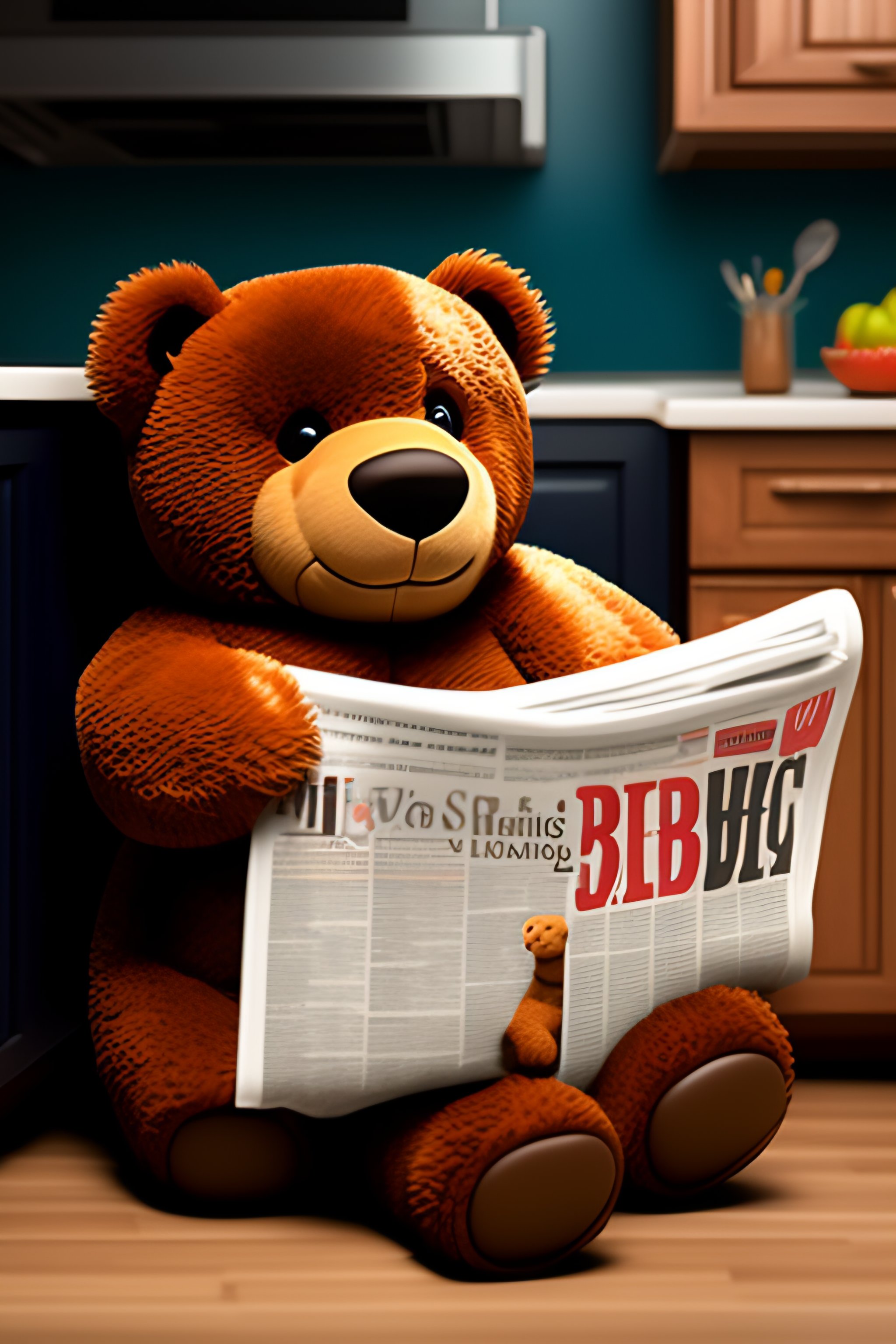 Lexica - Cute teddy bear reading newspaper in the kitchen