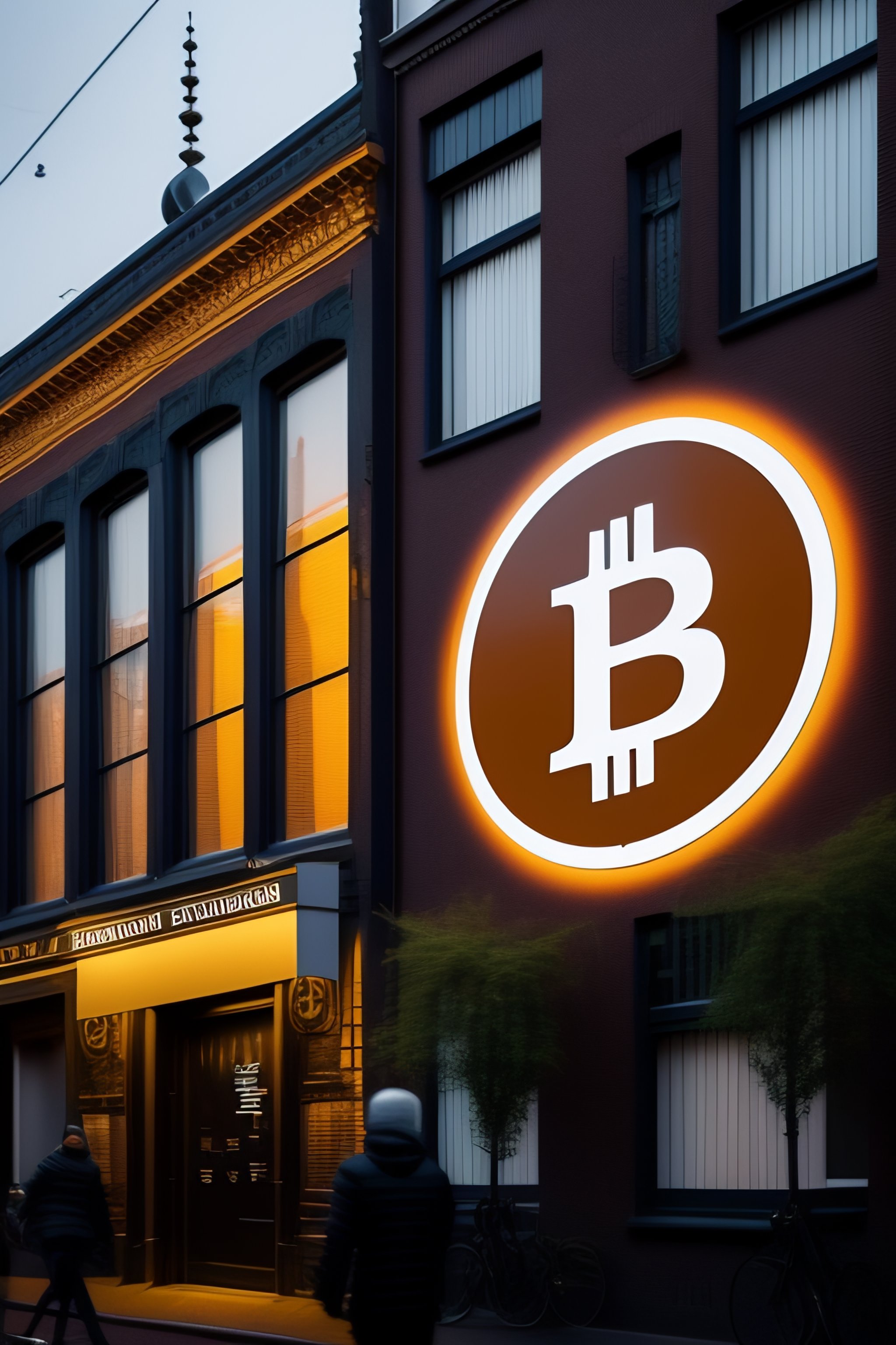 Lexica - Bitcoin logo on a building in amsterdam with people walking ...