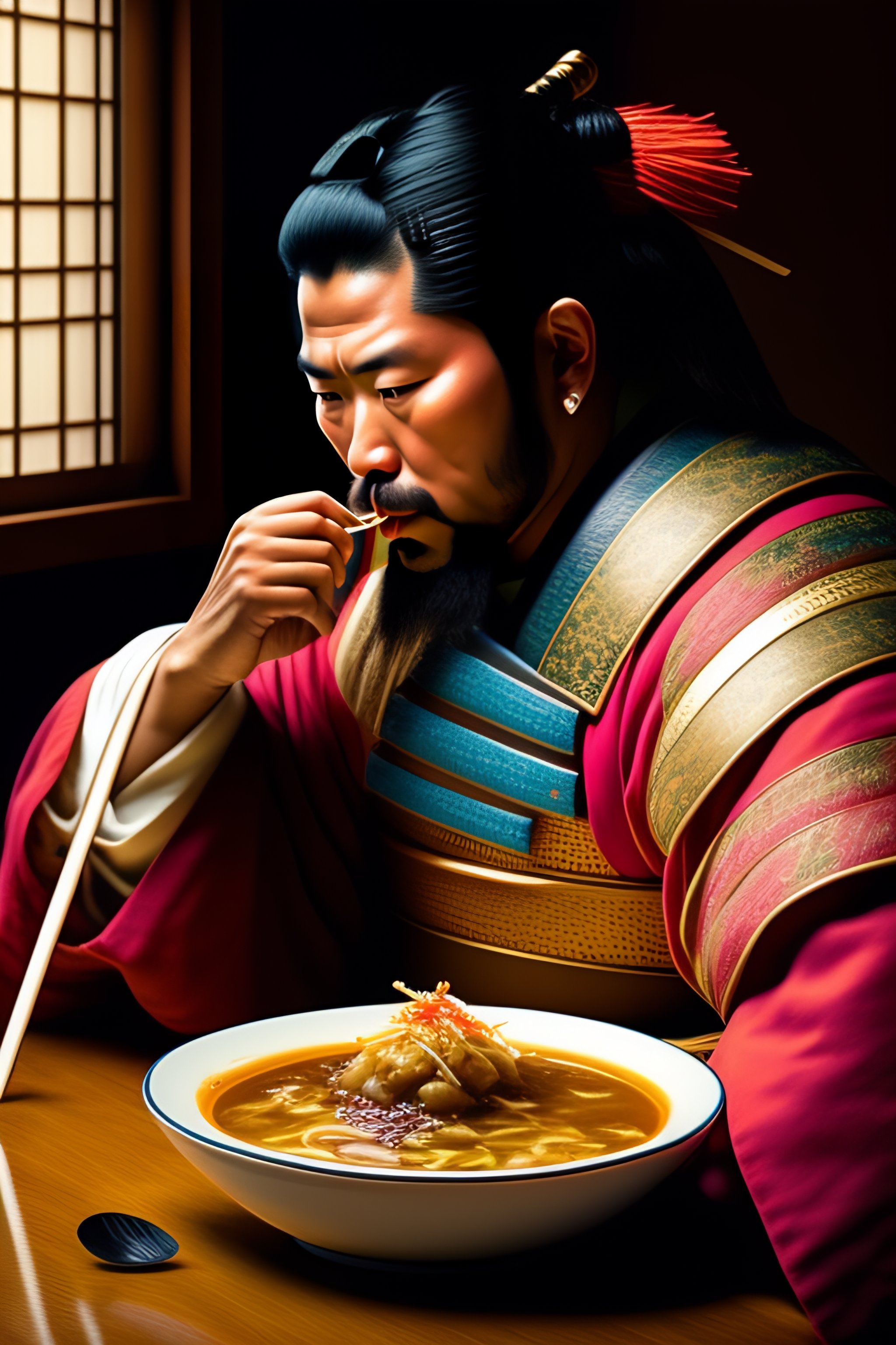 Lexica - Retrato de un samurai comiendo ramen