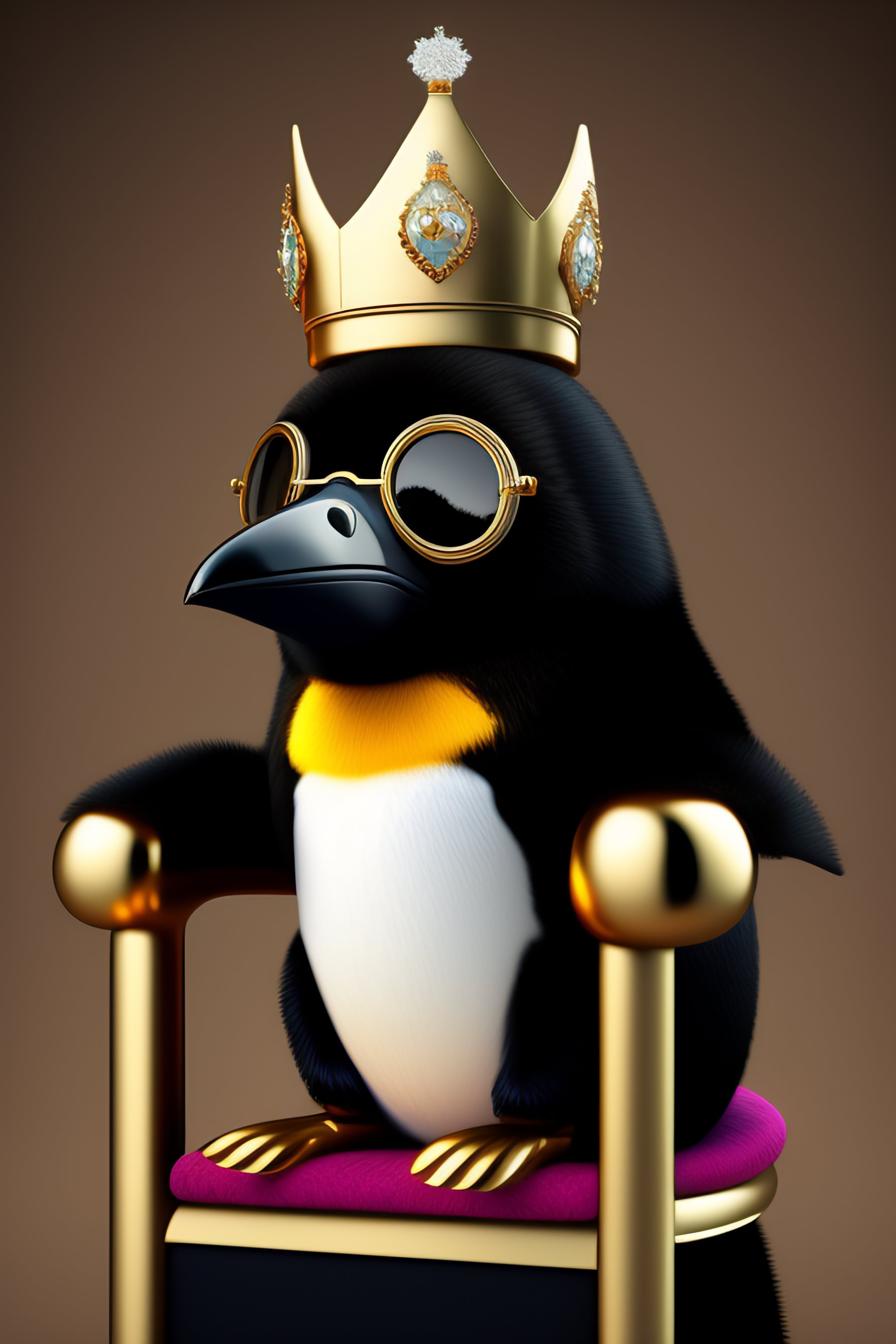 Lexica - Pinguin with a crown and sunglasses on a throne
