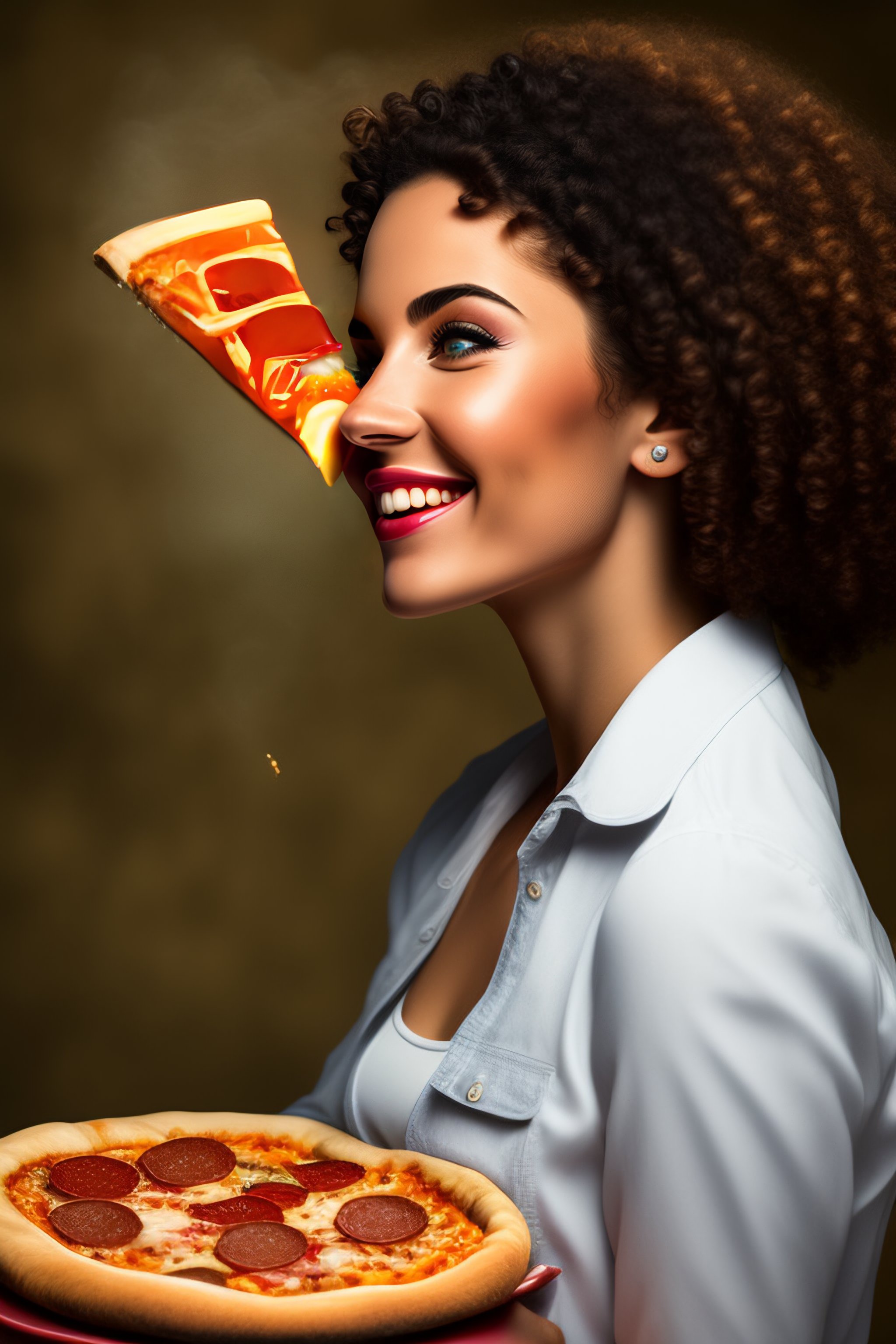 Lexica - Protrait of a girl with curly hair eating pizza