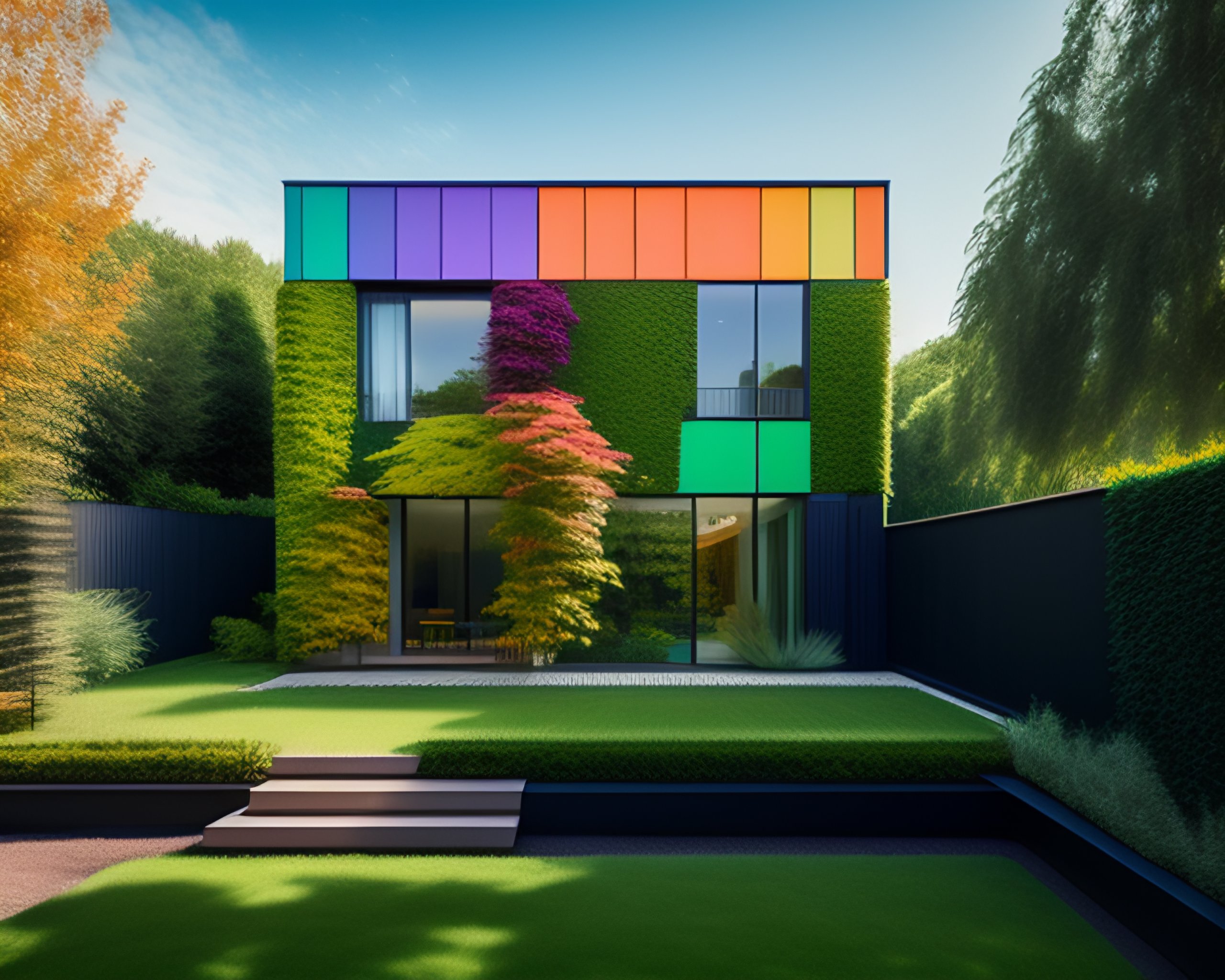 Lexica - Multicolor house with a big patio with vegetation, in Paris
