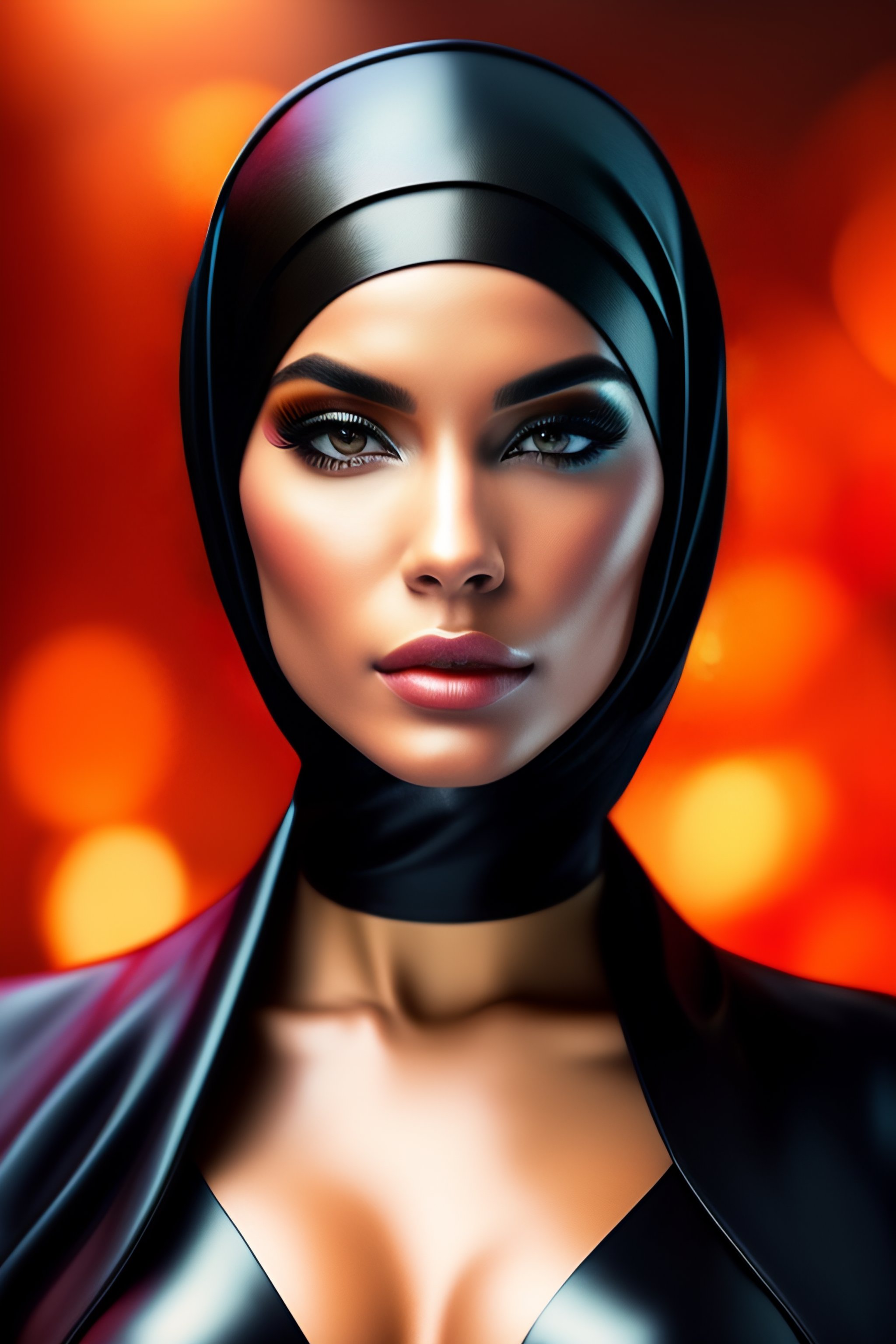 Lexica - A beautiful woman with oil body wearing hijab, full body as aeon flux, realistic,