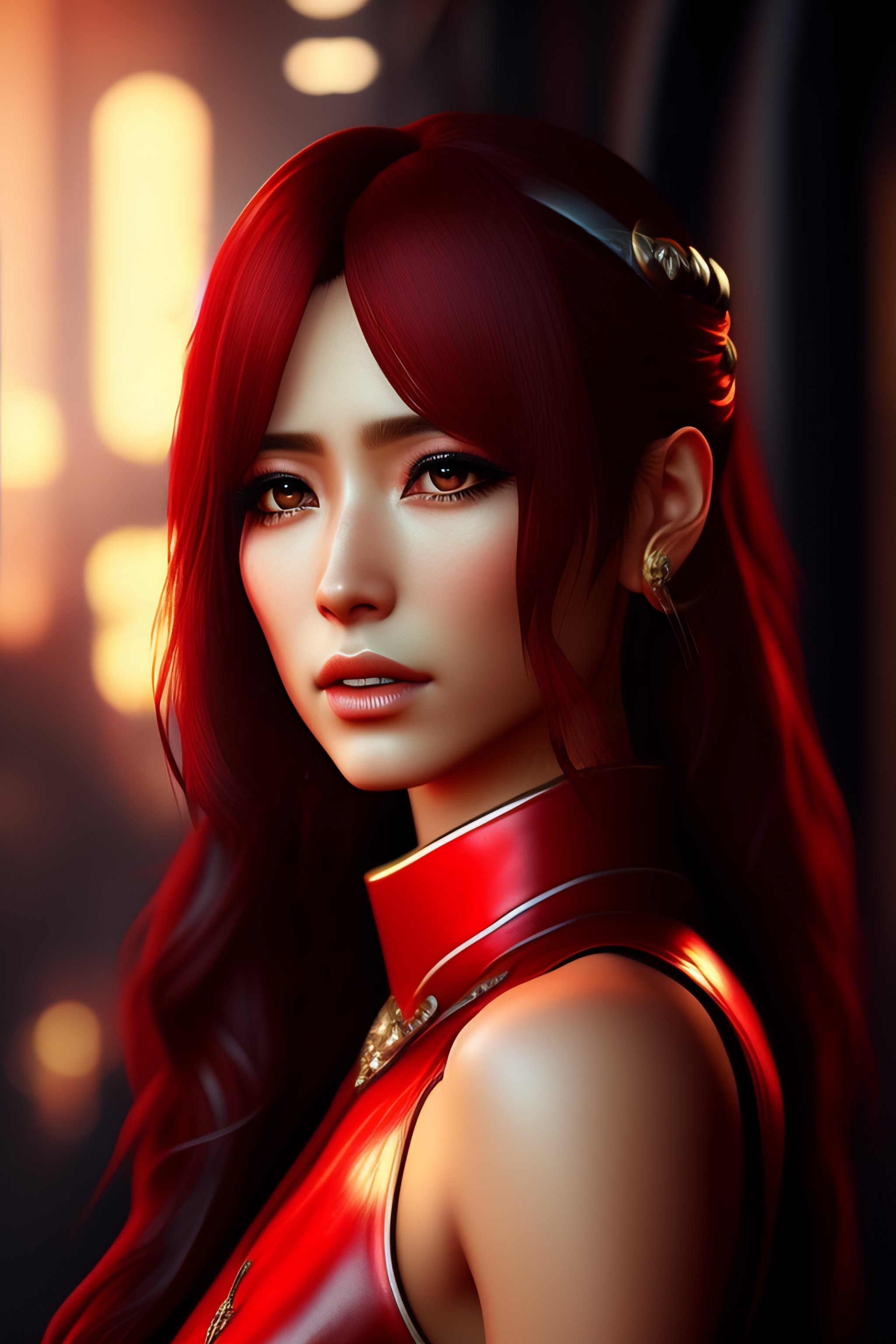 Lexica - Red slit leather dress, realistic, detailed, anime style, 8k