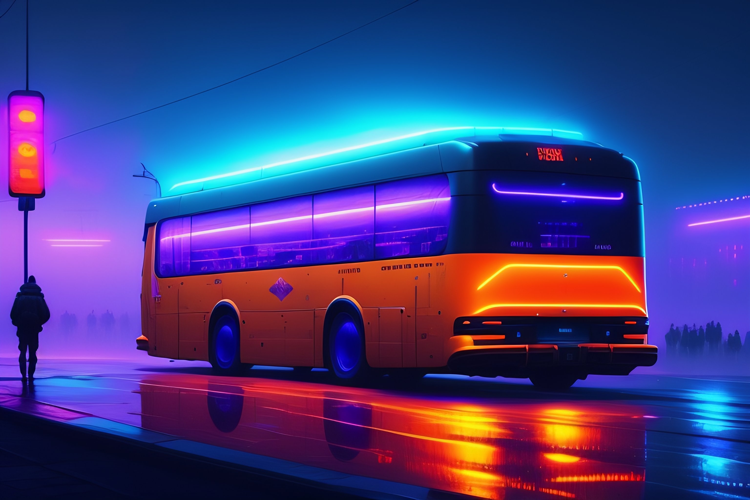 Lexica - A bus full of passengers is driving through a dark, foggy city ...
