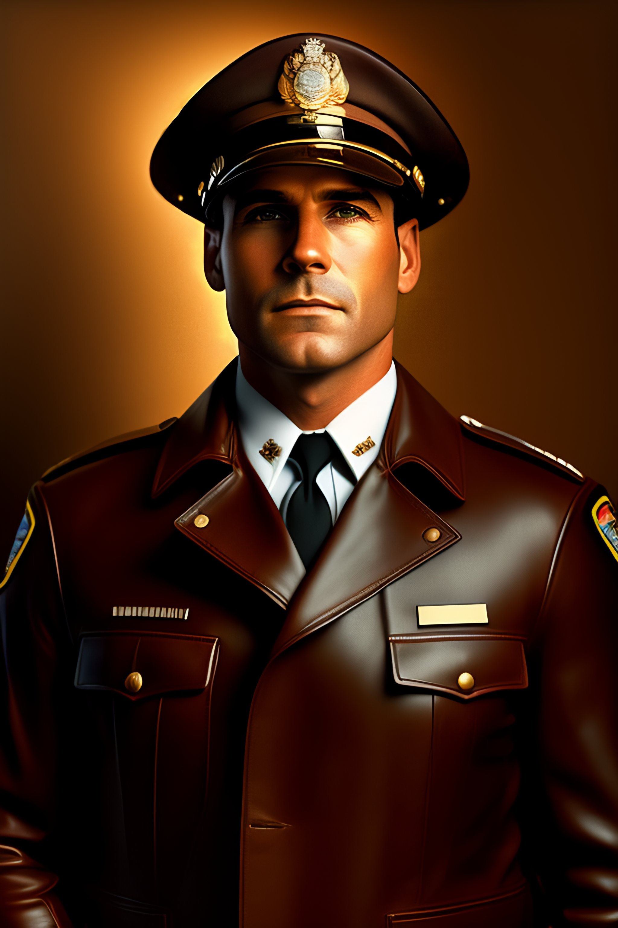 Lexica - Portrait of a cop wearing a brown leather jacket, a muir cap ...