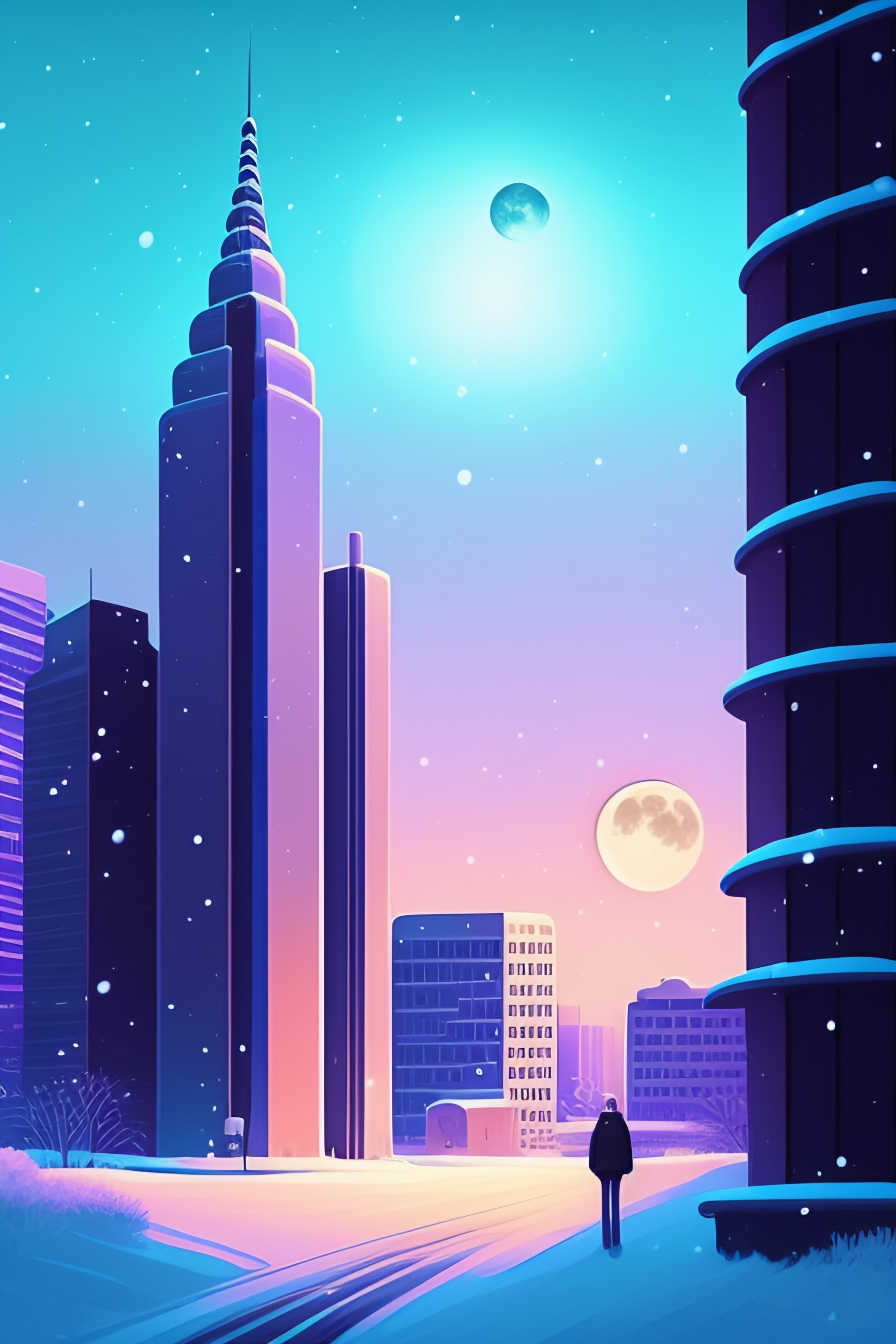 Lexica - Cartoon, digital art, LO-FI style, buildings, full moon, bue ...
