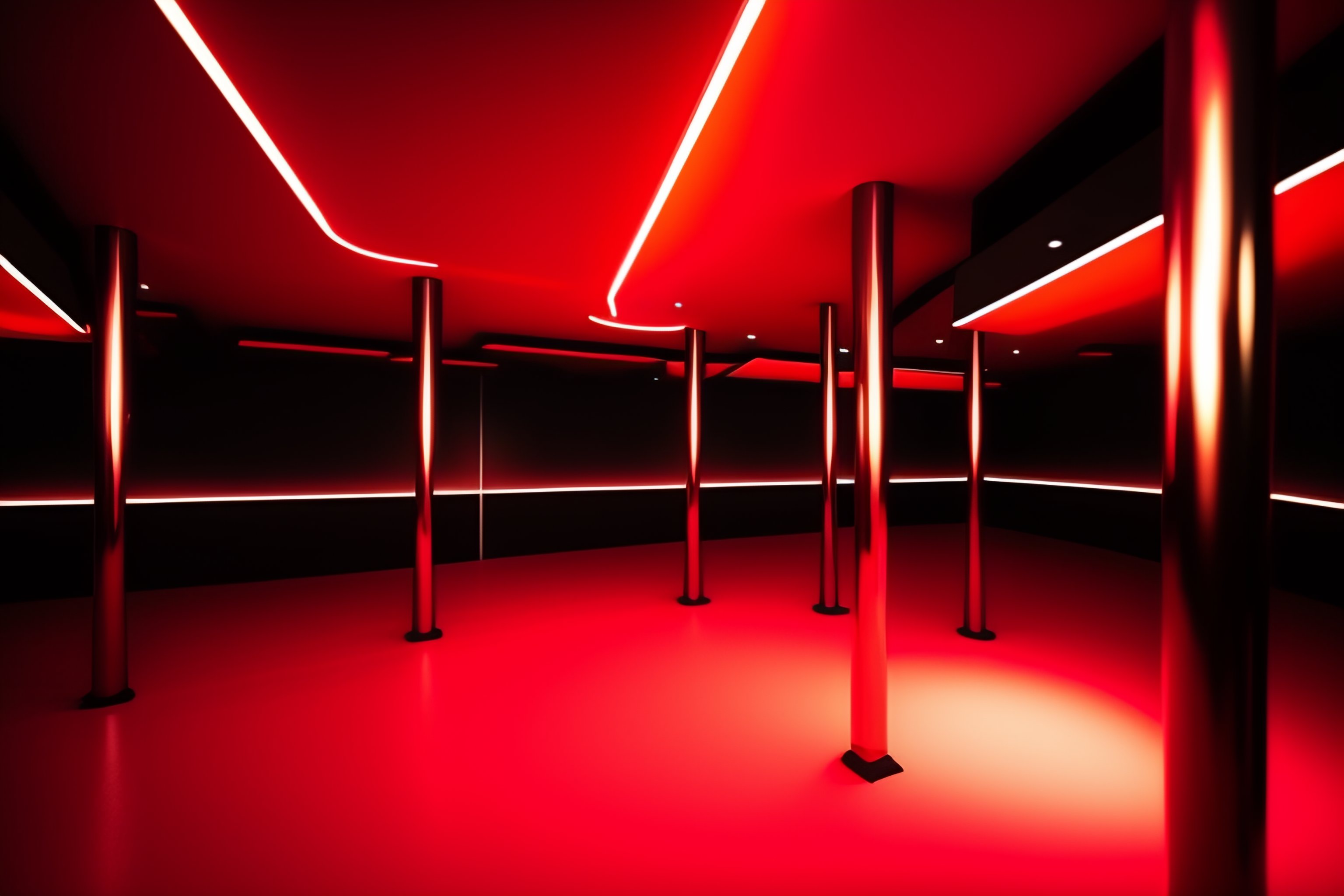 Lexica - Black and red nightclub interior, pole dance bars, symetrical ...