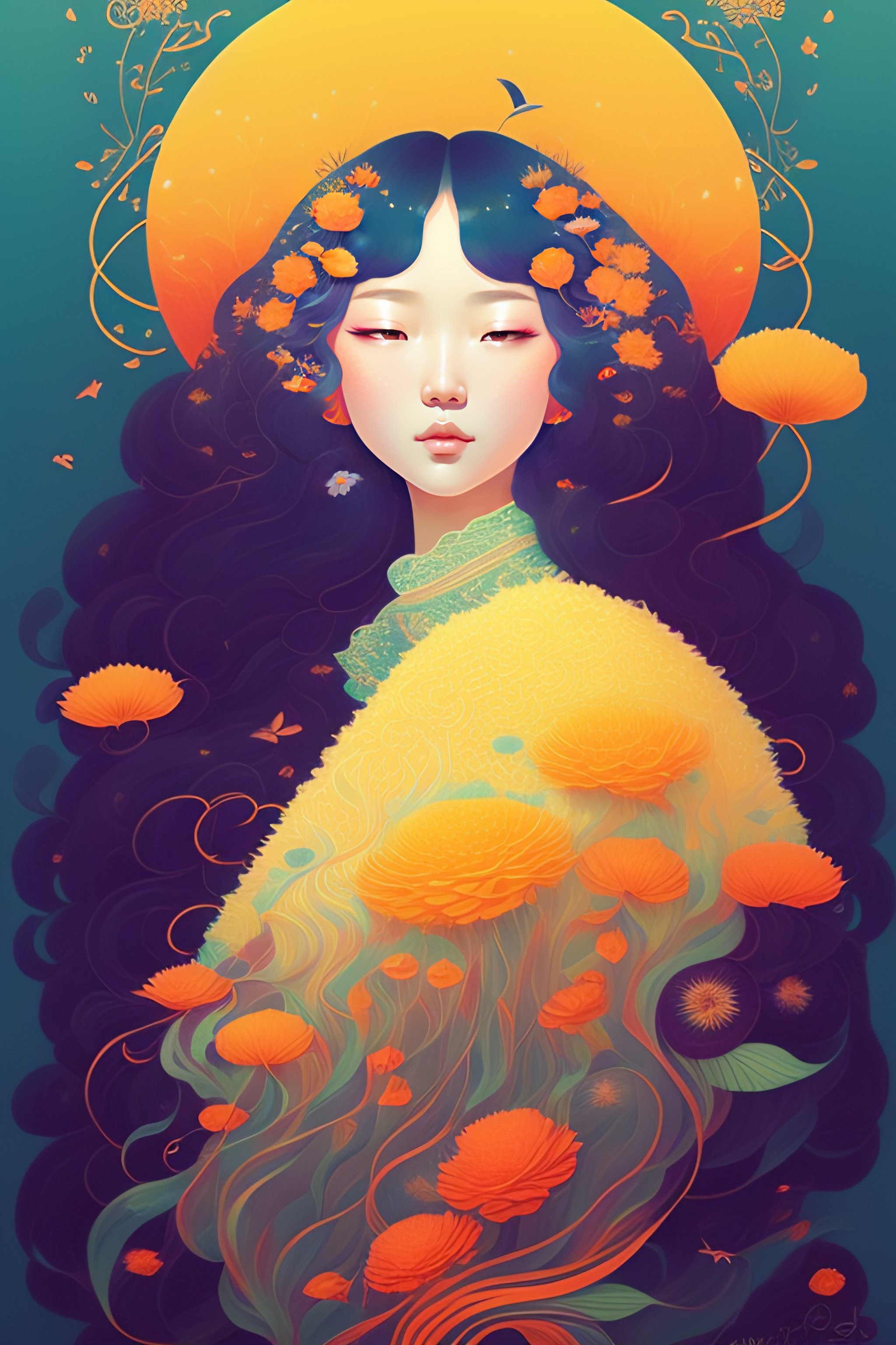 Lexica - Beautiful cute front portrait Korean ninfa, big long curly ...