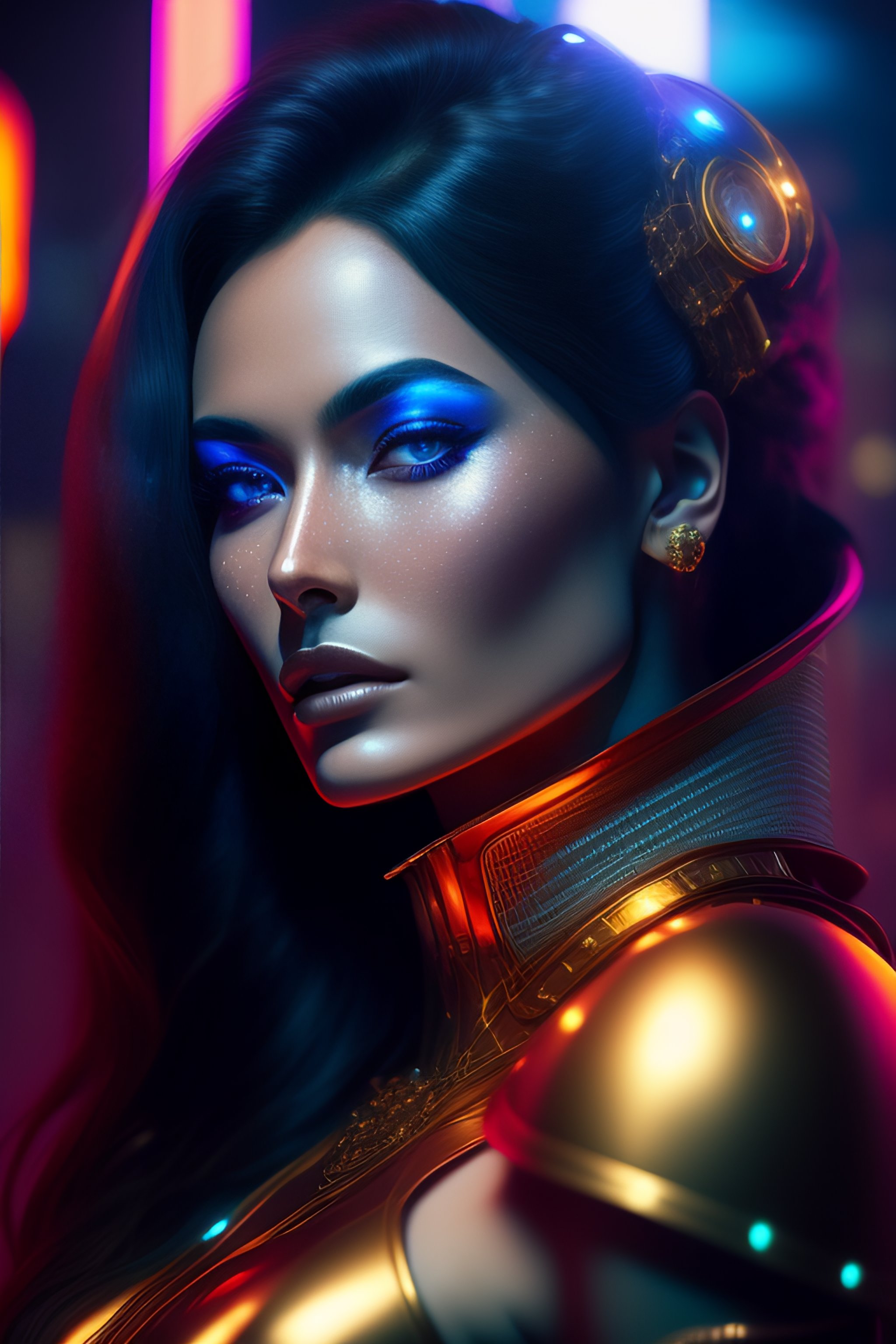 Lexica - Portrait photo of a cyber women's face, gold metal armour ...