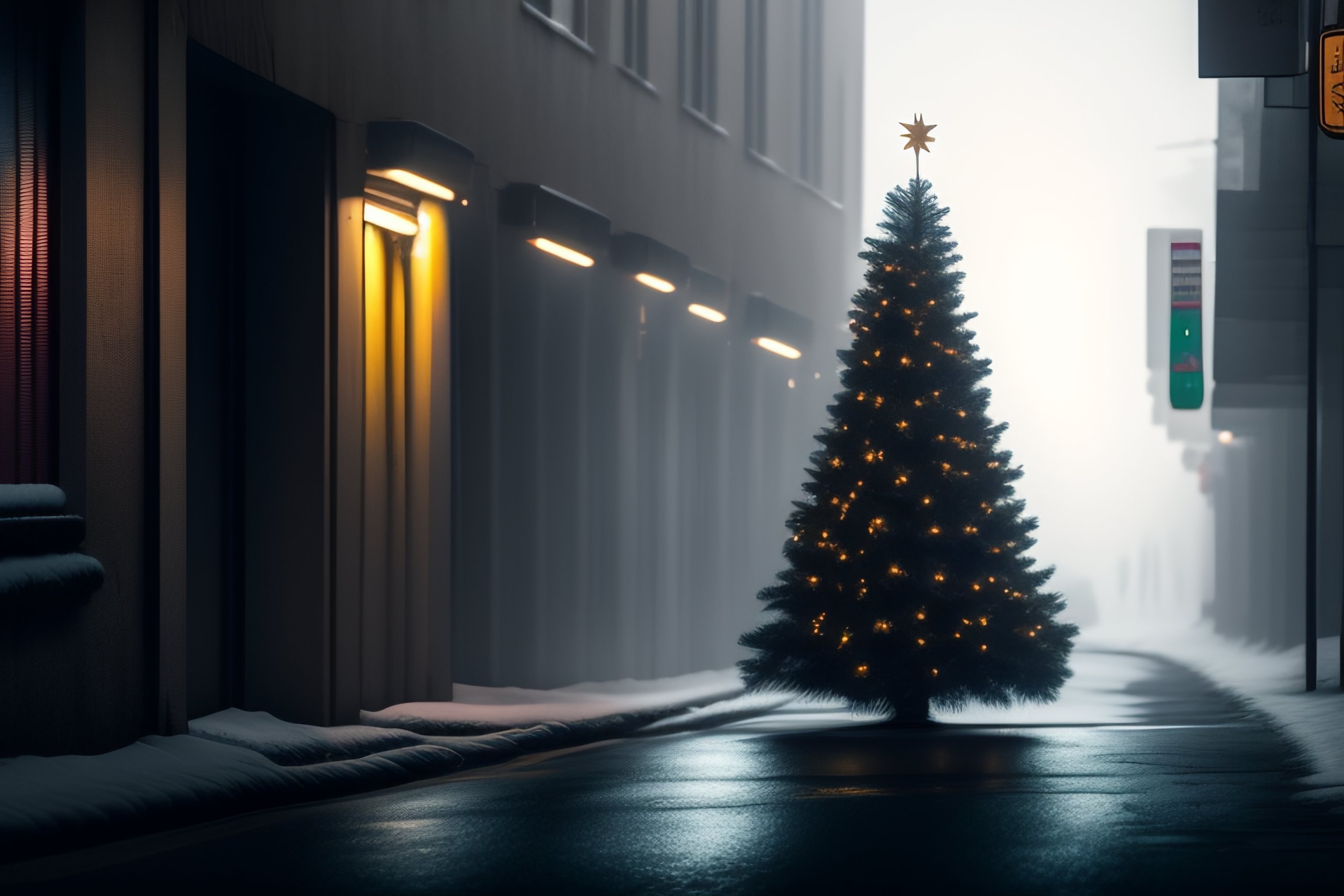 Lexica - Lonely christmas tree in a dark misty alley between many ...