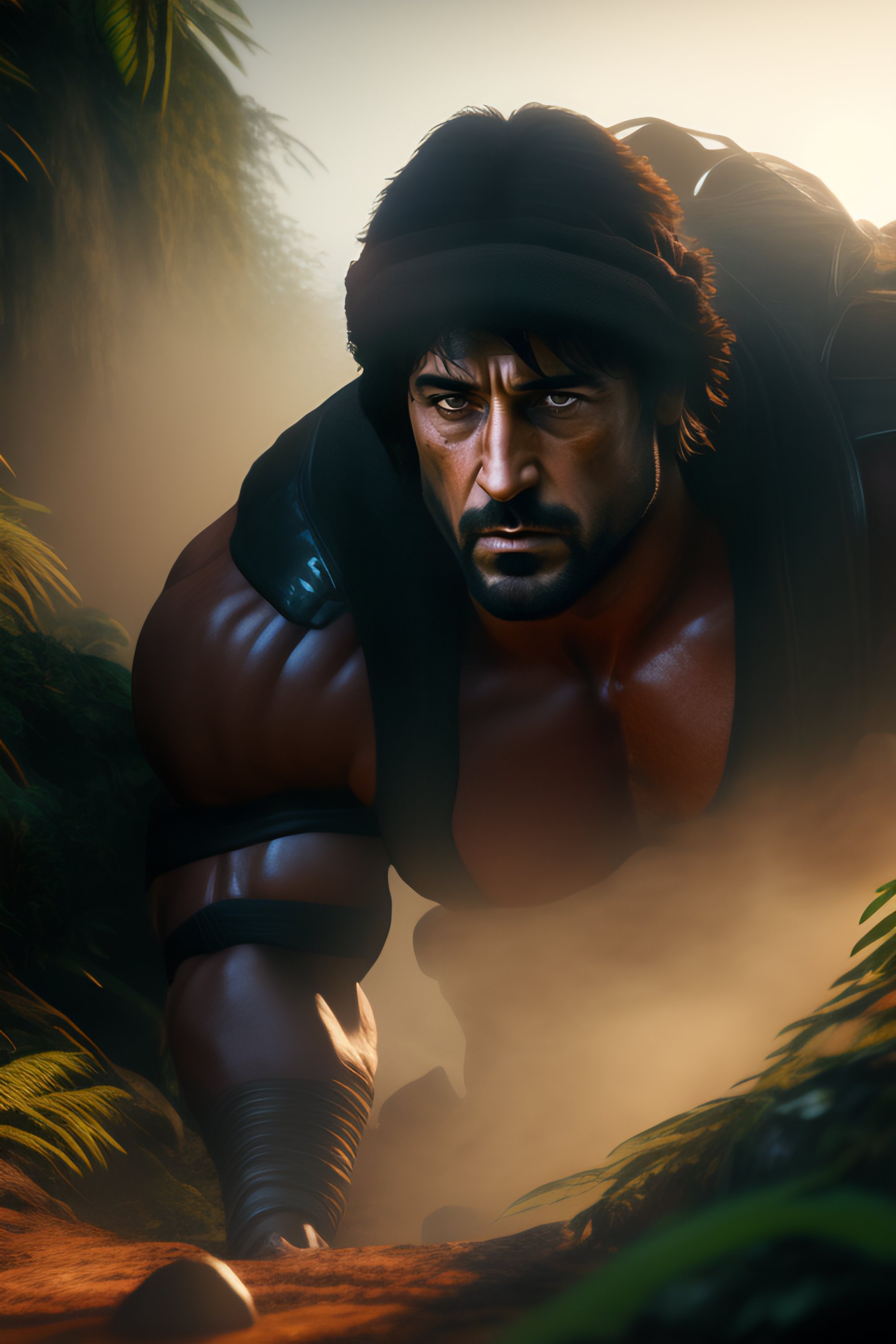 Lexica - Action shot of john rambo in a jungle, cinematic lighting ...