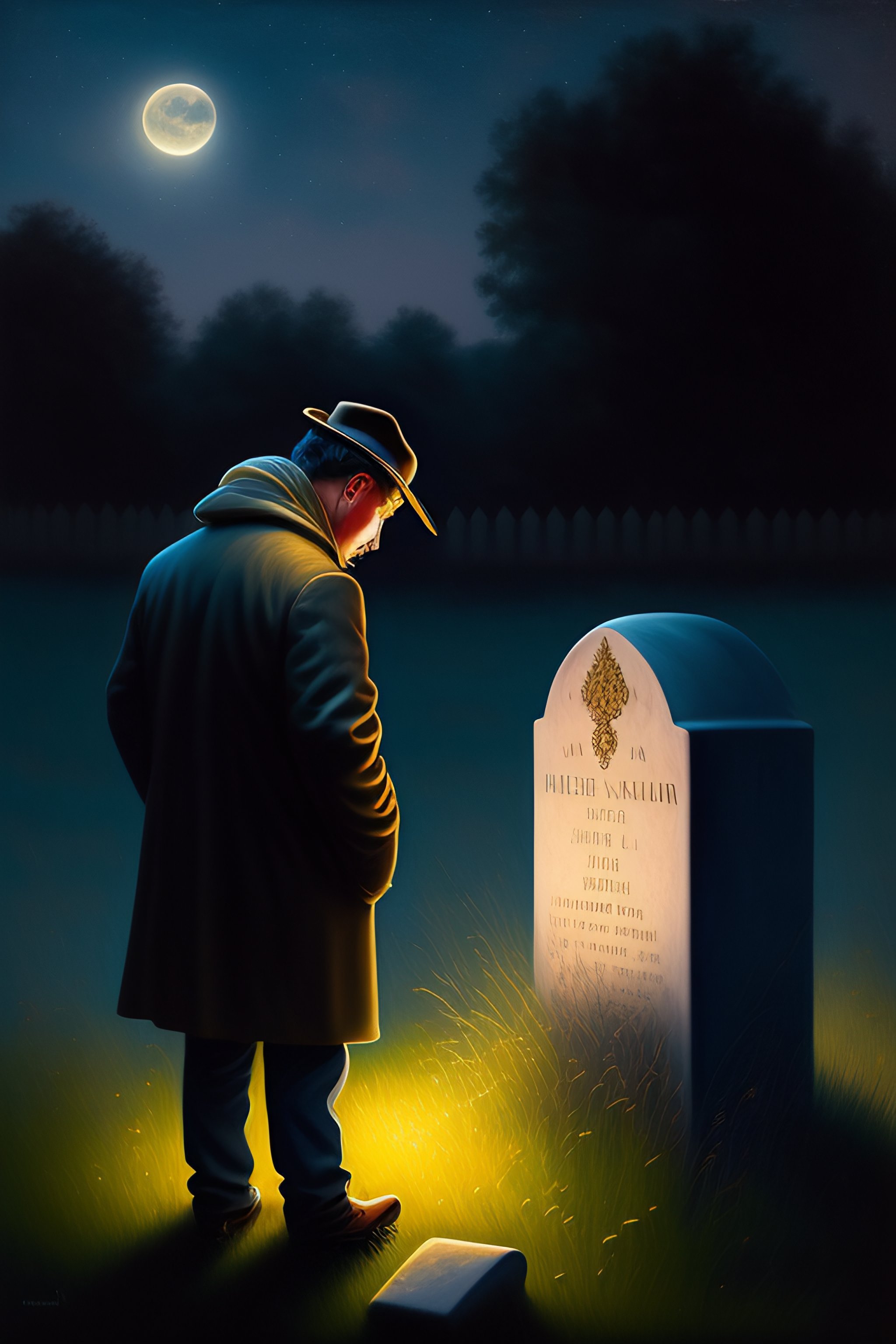 Lexica - Oil paiting of a sad man in a graveyard looking at a tombstone ...