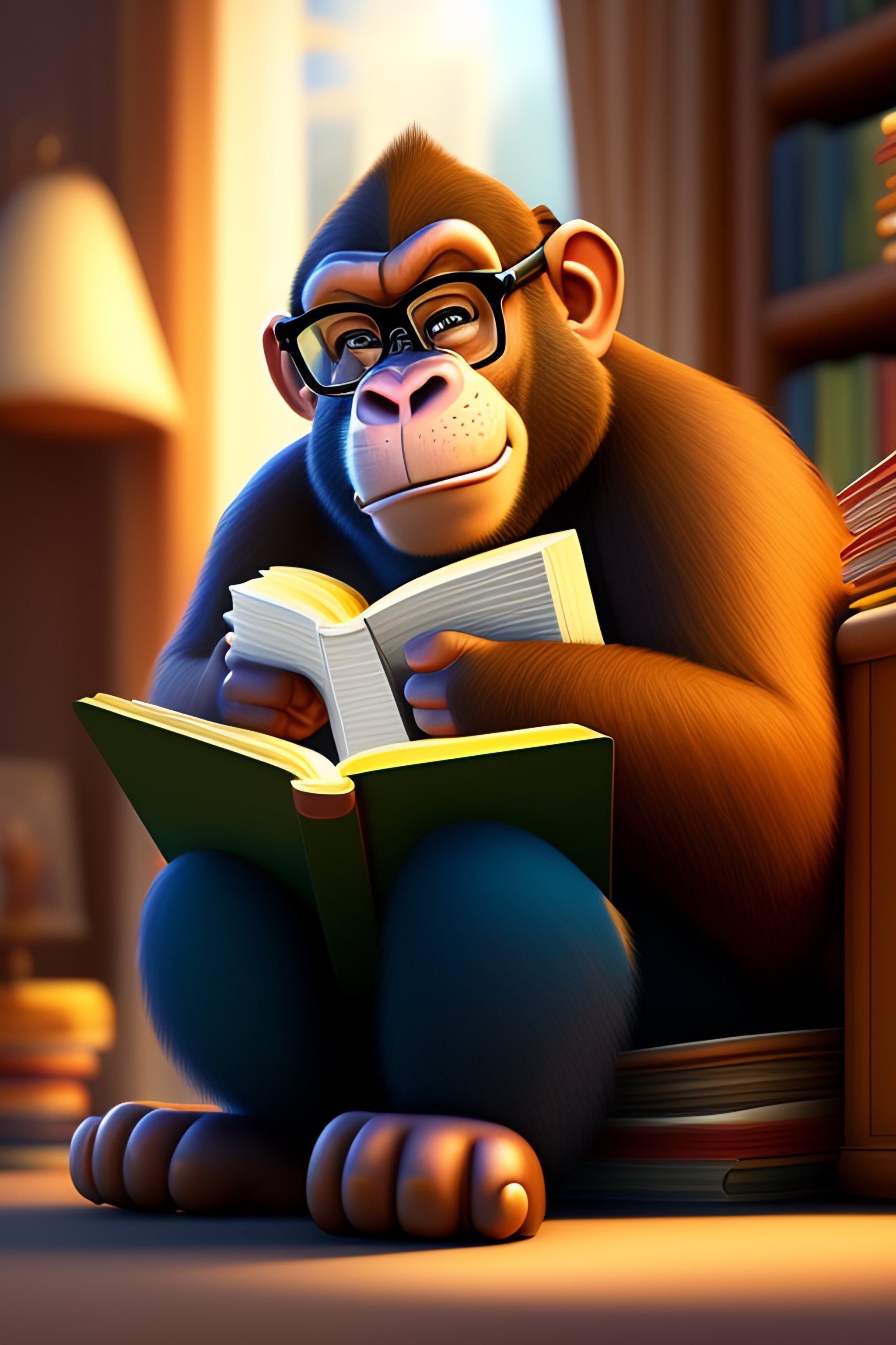 Lexica - Pixar art of a funny smiling ape reading a book with glasses