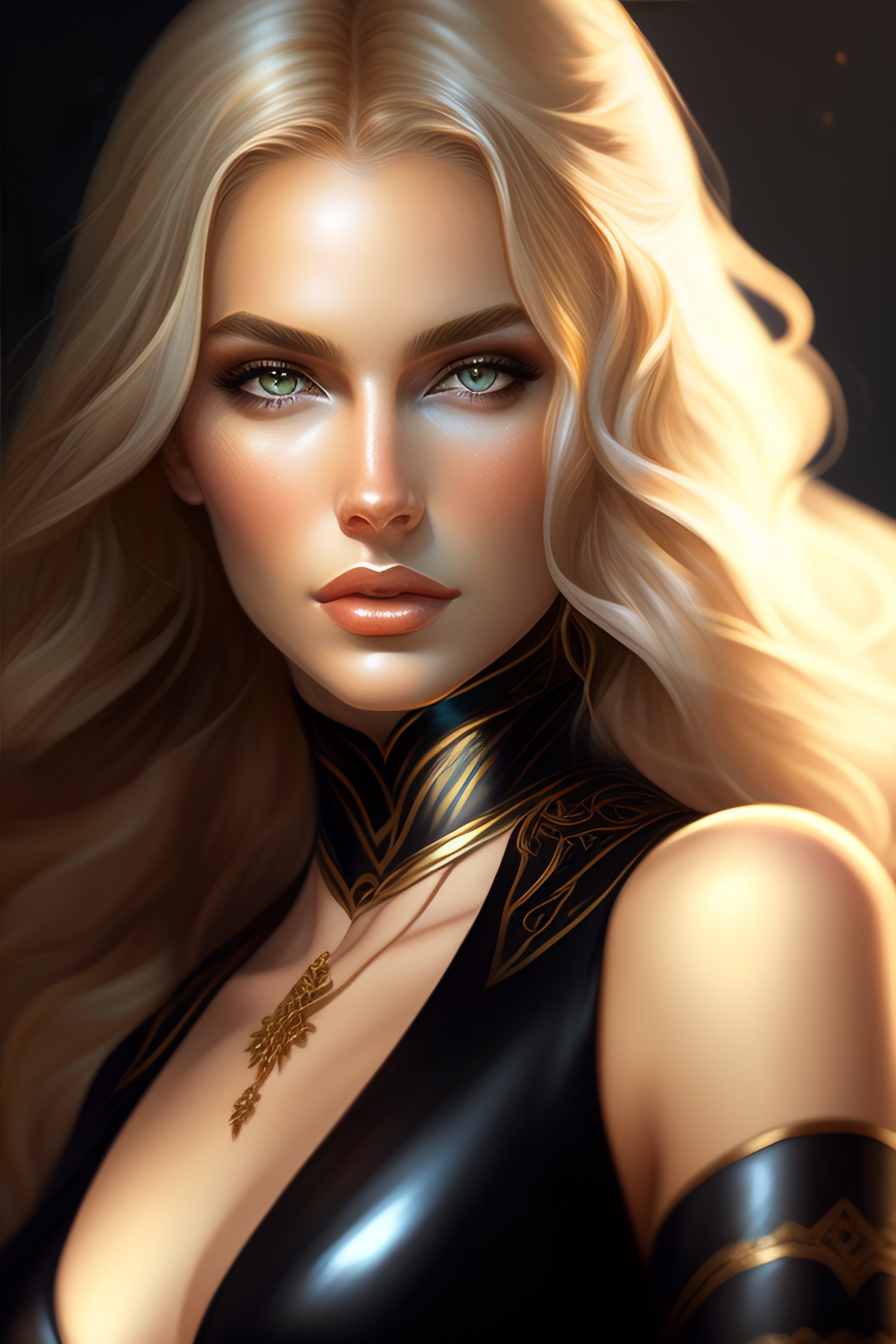 Lexica - Blond woman wearing a black dress, hazel eyes, fantasy magic, dark pin-up style hair ...