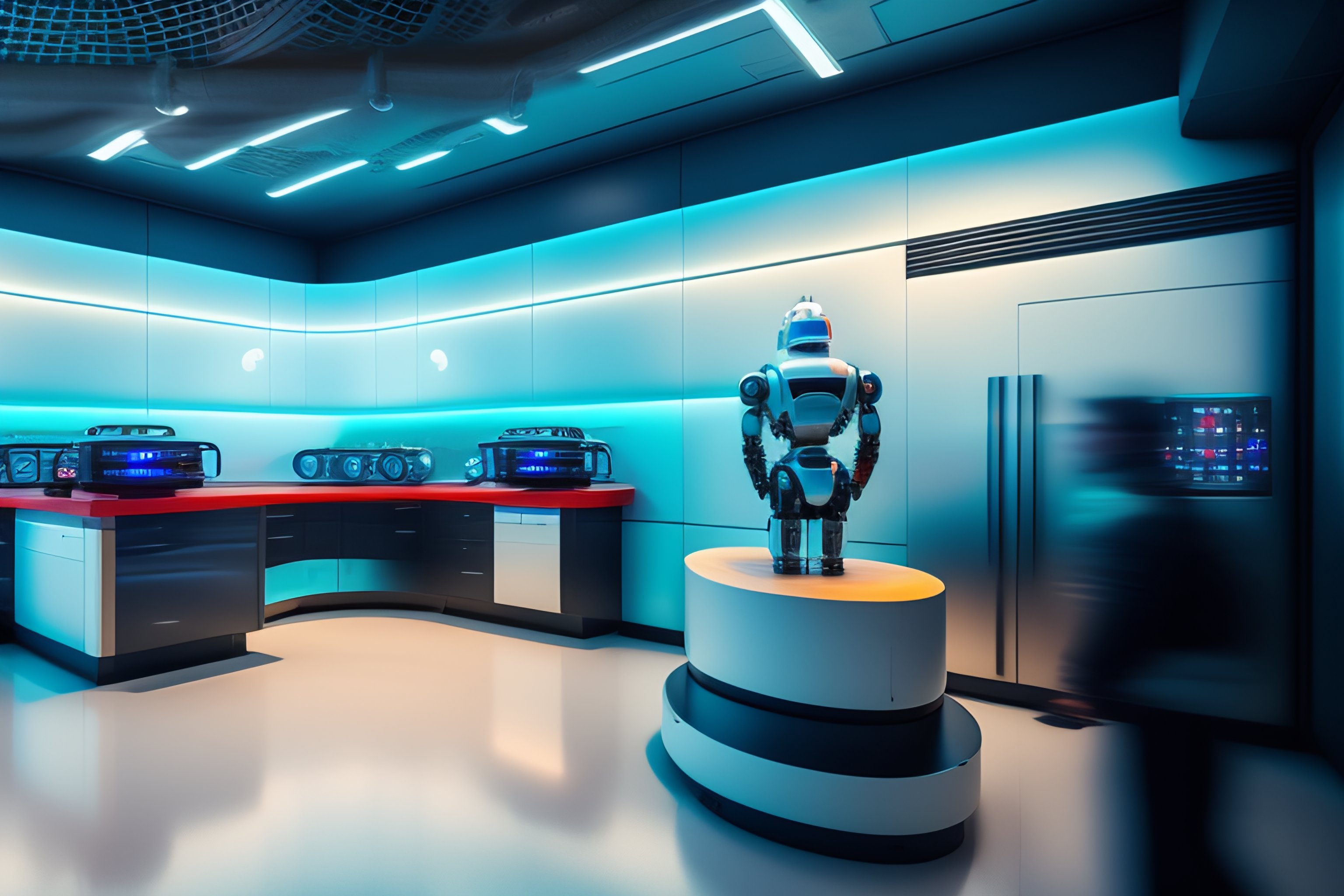 Lexica - Interior,futuristic spaceship,resource lab, engineers fixing humanoid robot, close
