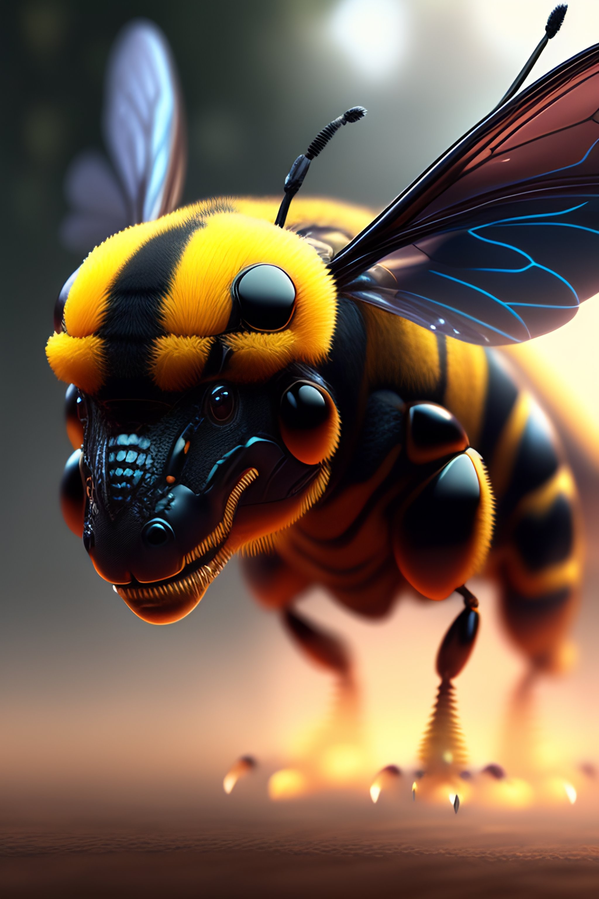 Lexica - T-rex dino bee hybrid, bee wings, terrifying, rain, unreal engine
