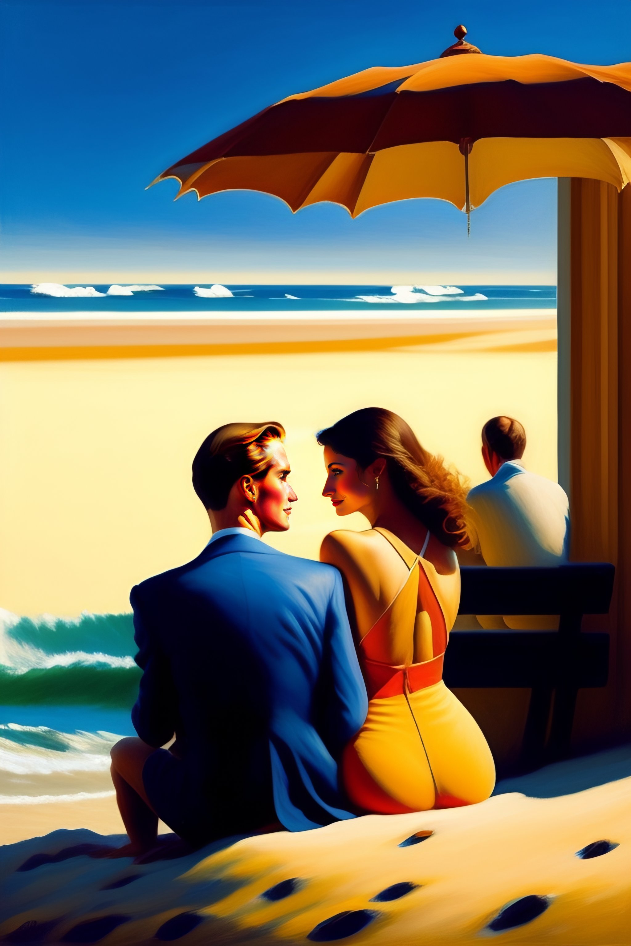 Lexica - Edward hopper style painting of a couple on the beach