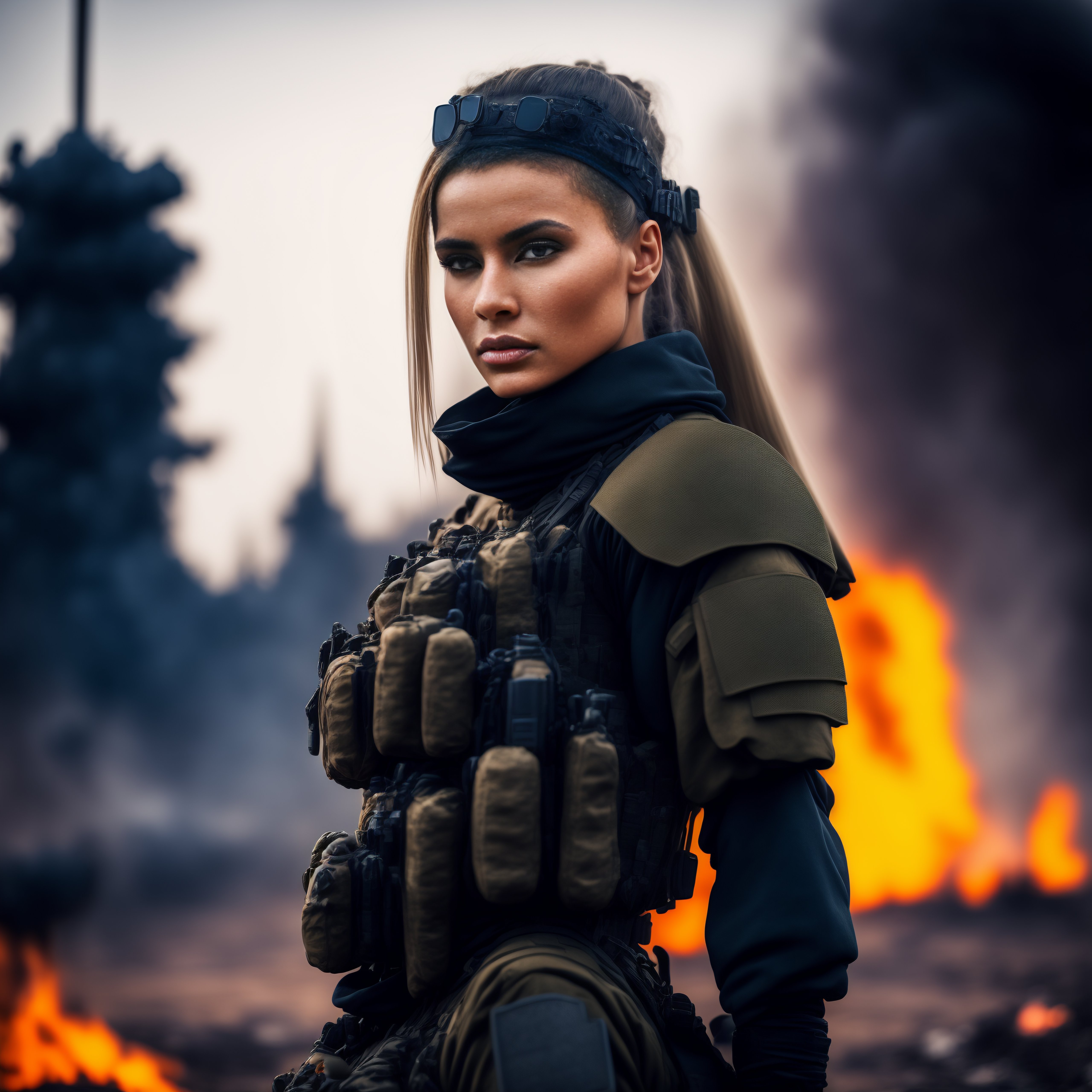 Lexica - A cyber beautiful Russian Moscow girl warrior in a burnt land ...
