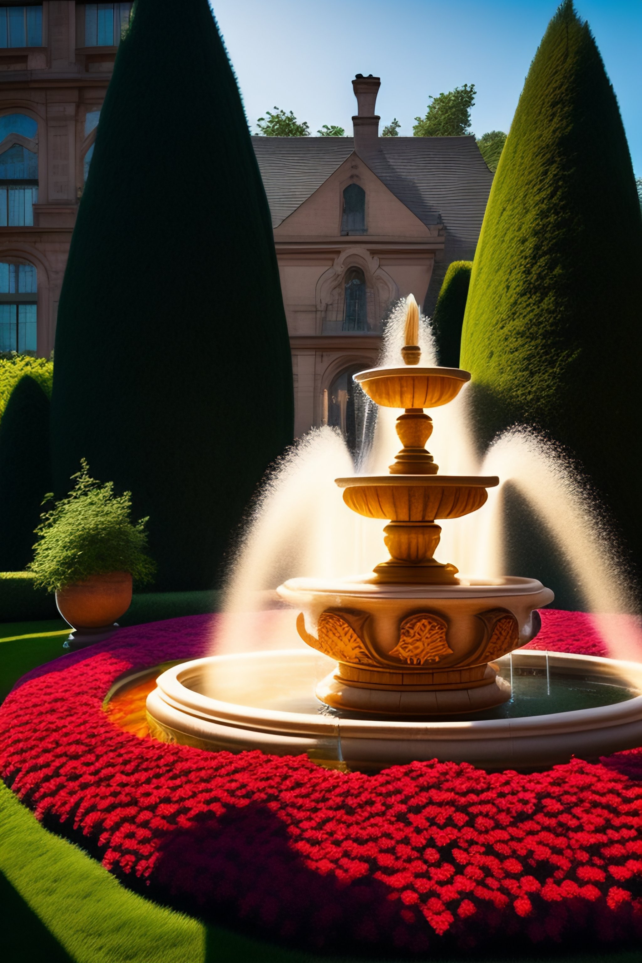 Lexica - A man building a beautiful garden with red butterflies, stone ...