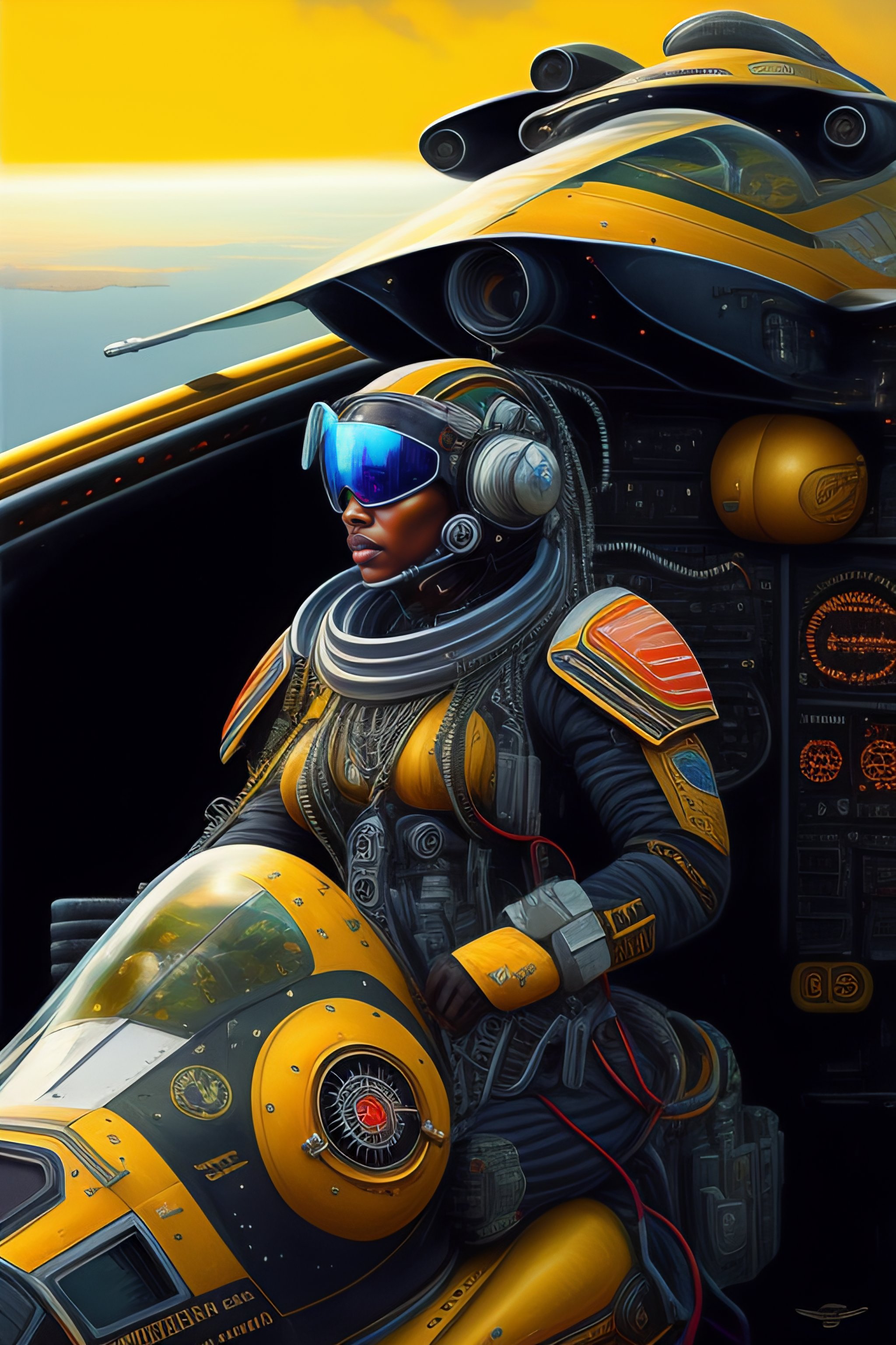 Lexica - Cyborg pilot wired to commands, detailed maximalist interior ...